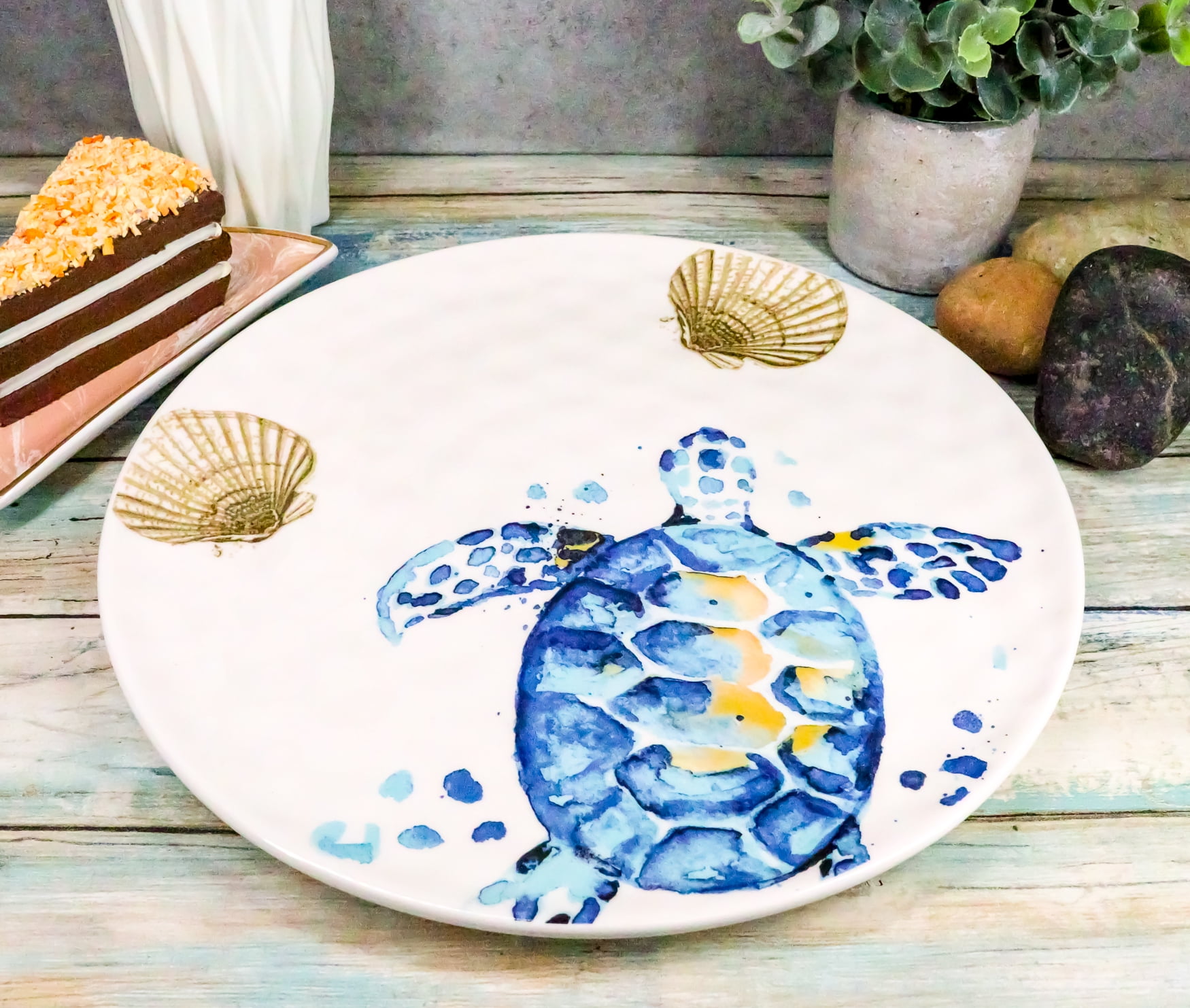 Marine Blue Sea Turtle And Golden Sea Shells Ceramic Dinner Plates Set ...