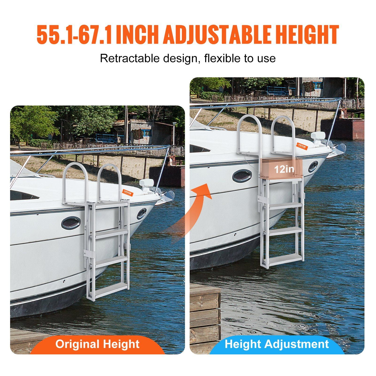 Marine Boarding Ladder, 5-Step Retractable, 350 lbs Load, 4'' Wide Non ...