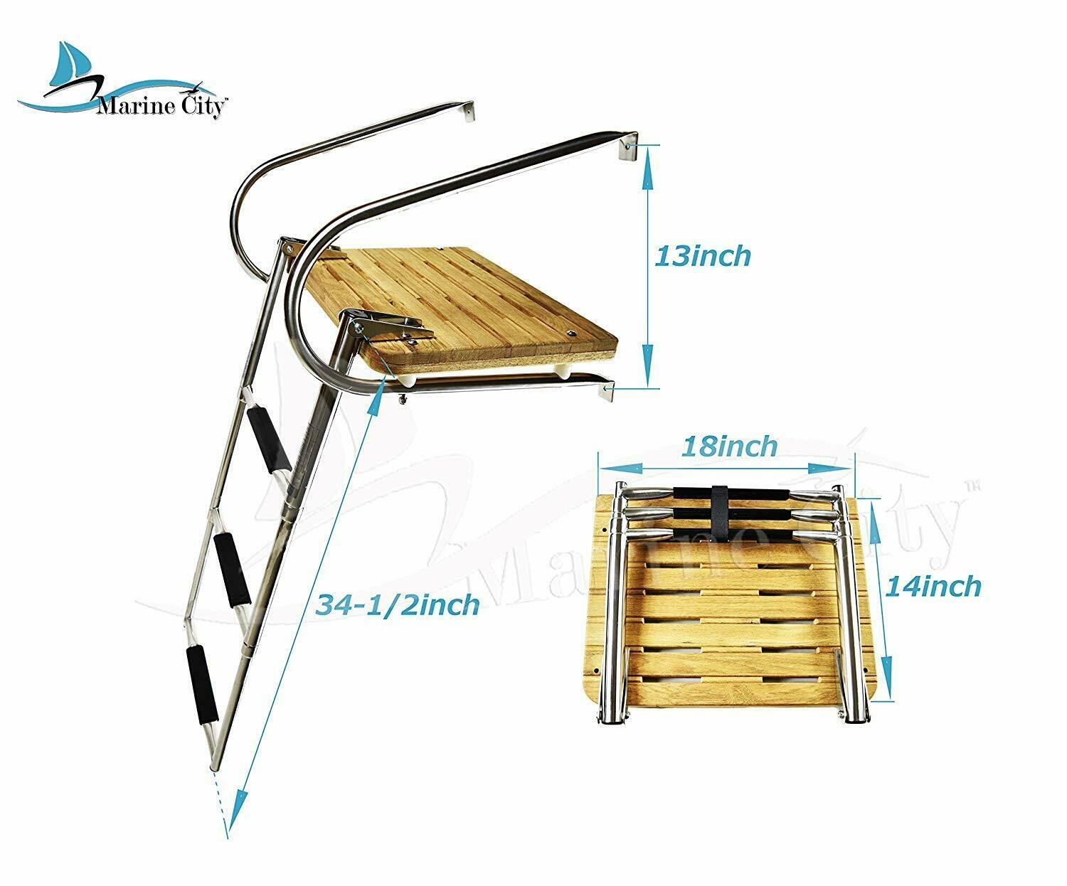 Marine City Stainless Steel Marine 3 Step I/B Swim Teak Platform Ladder ...
