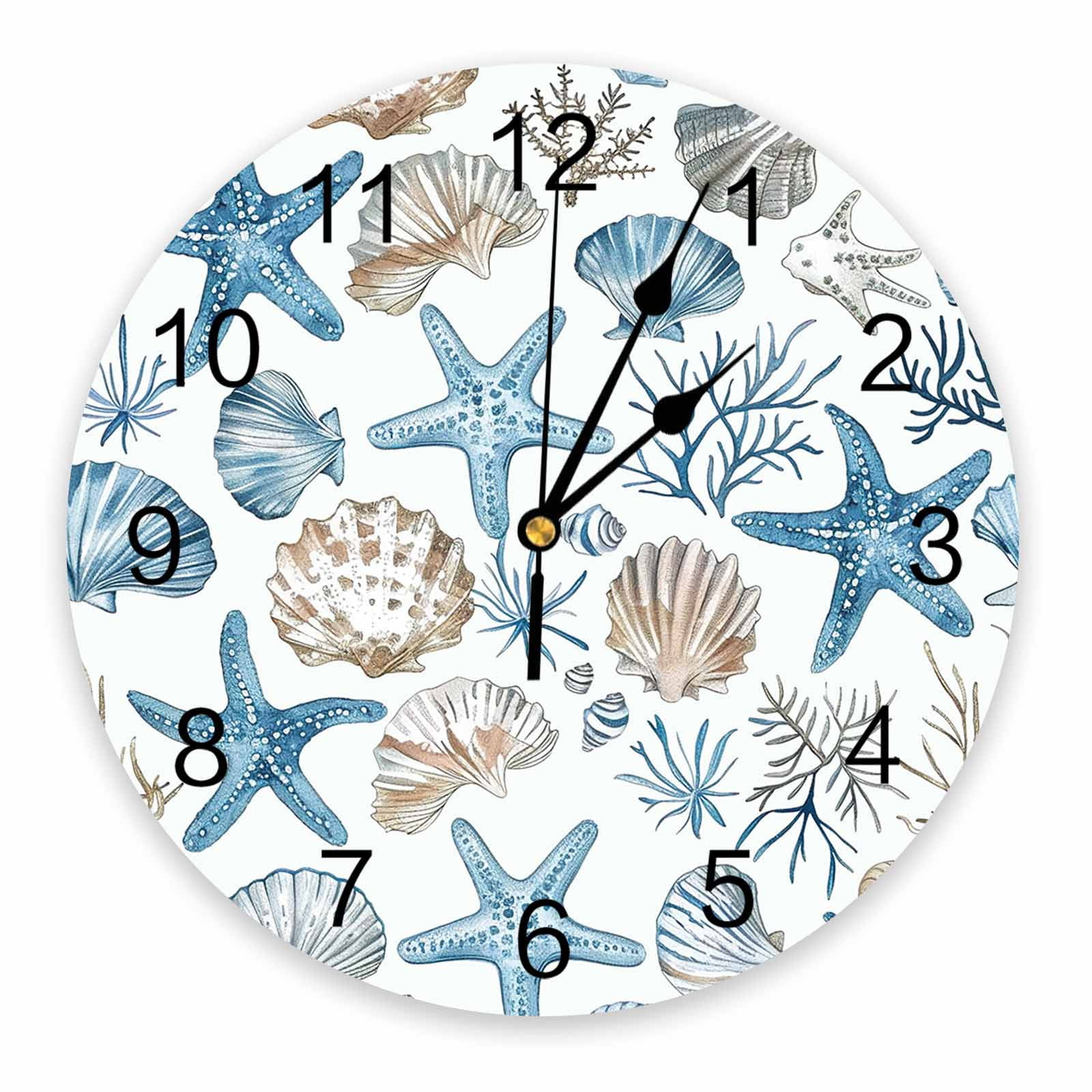 Marine Coral Shell Star Blue Series Printed Wall Clock Modern Silent ...