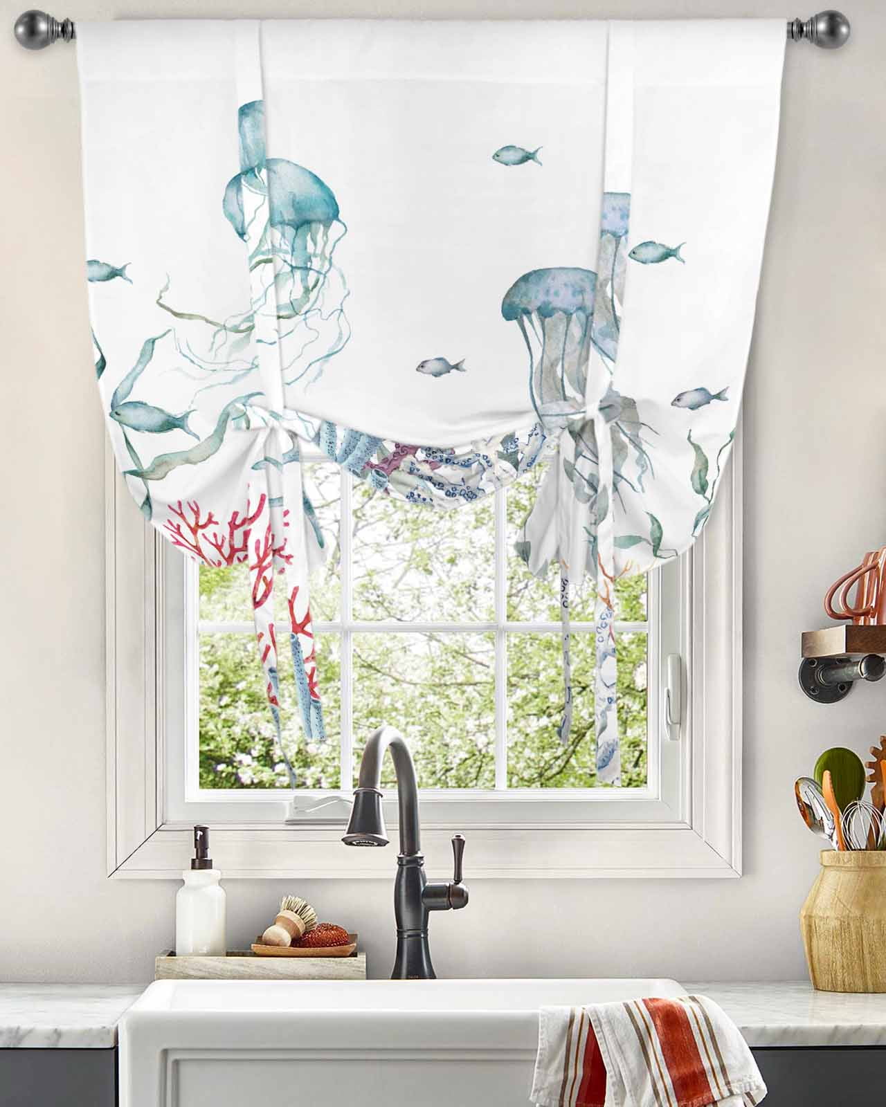 Marine Corals Seaweed Shells Jelly Window Curtains Tie Up Curtains for ...