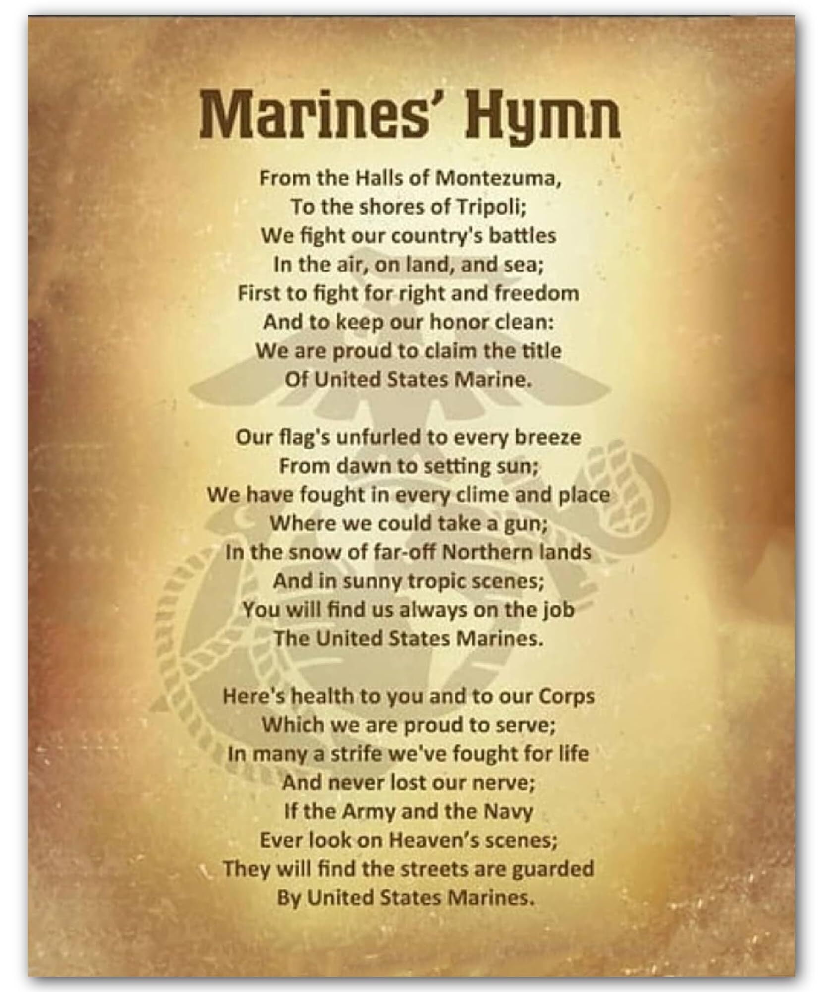 Marine Corps Hymn Song Lyrics Wall Art Print - Distressed Parchment ...