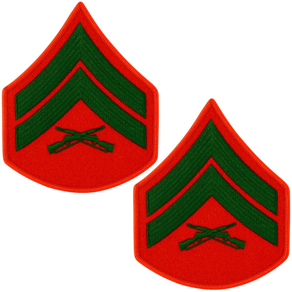 Marine Corps (USMC) Chevron Green Embroidered on Red CPL E4 Male ...