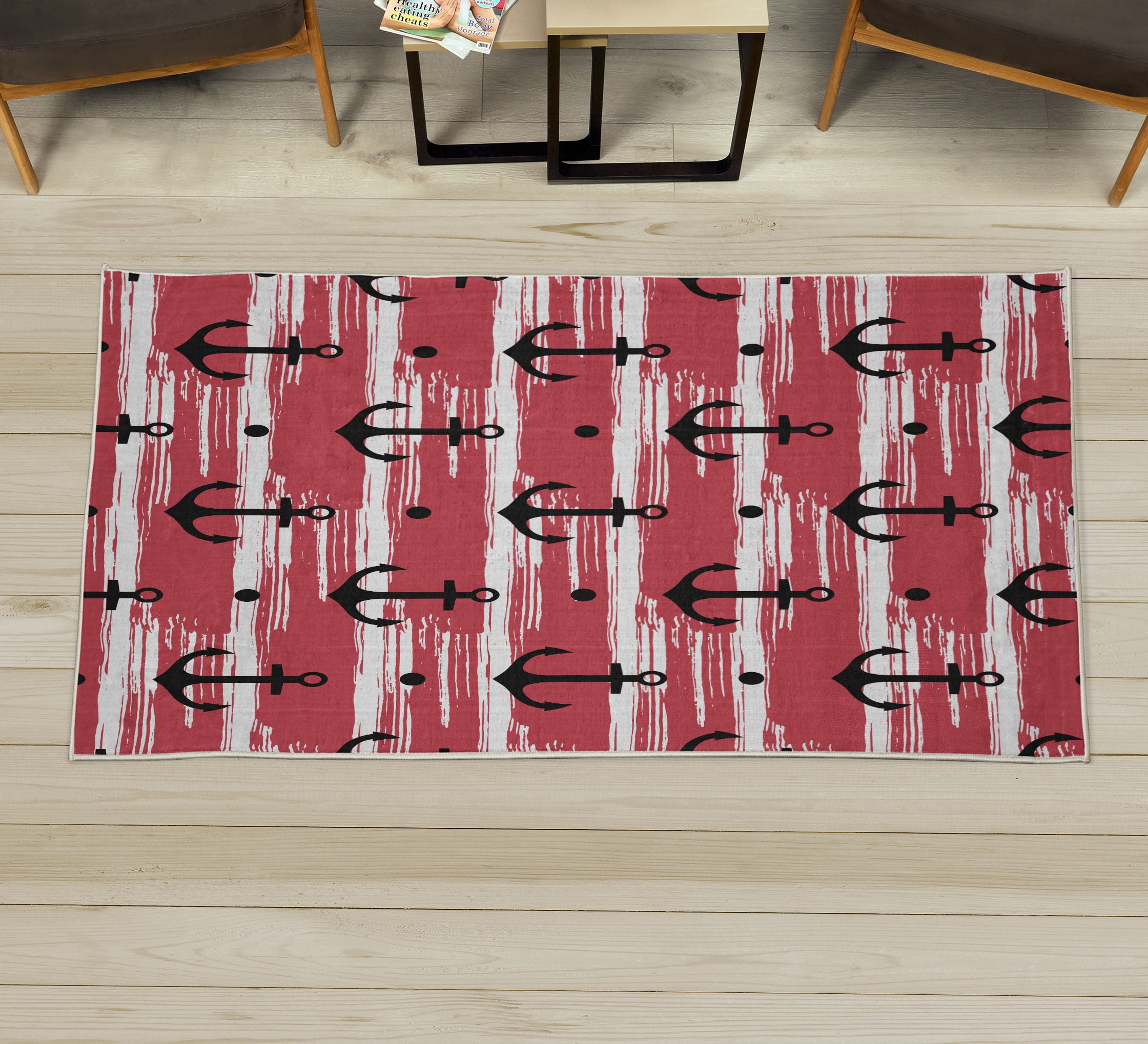 Marine Decorative Rug, Anchors and Skulls Crossed Bones Dots Pirate ...