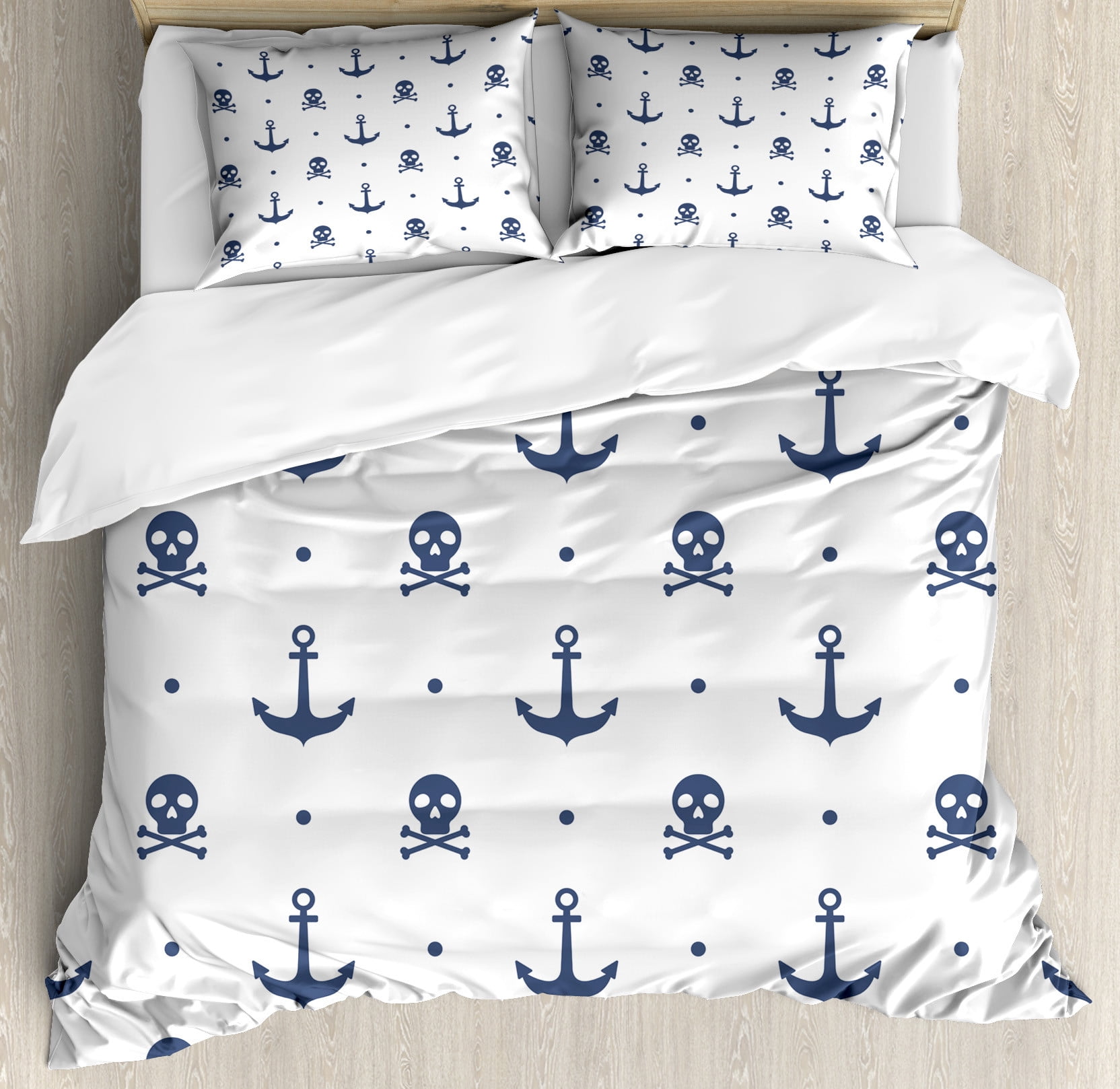 Marine Duvet Cover Set, Anchors and Skulls Crossed Bones Dots Pirate ...
