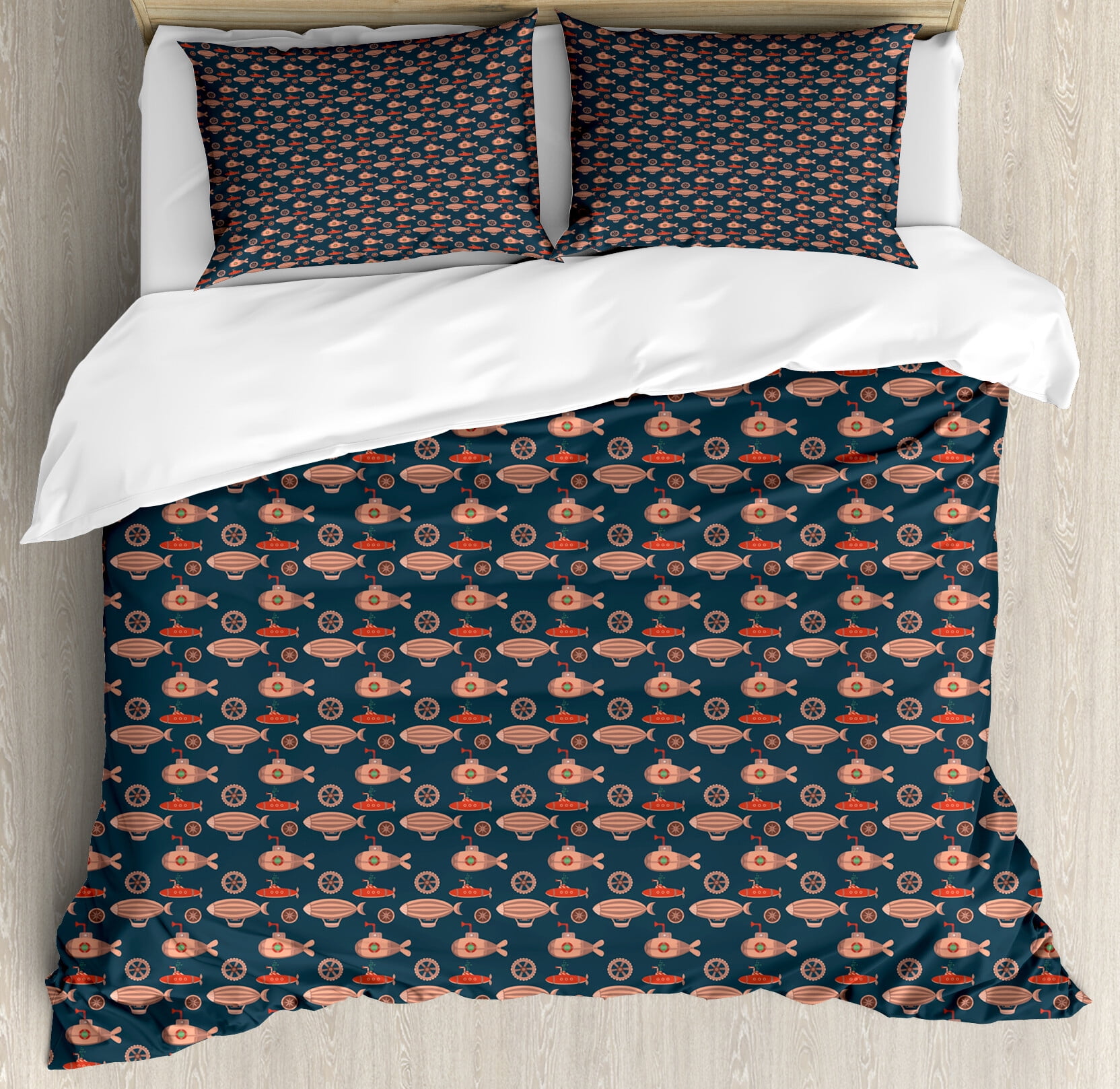 Marine Duvet Cover Set, Image of Submarines and Zeppelins in Continuous ...