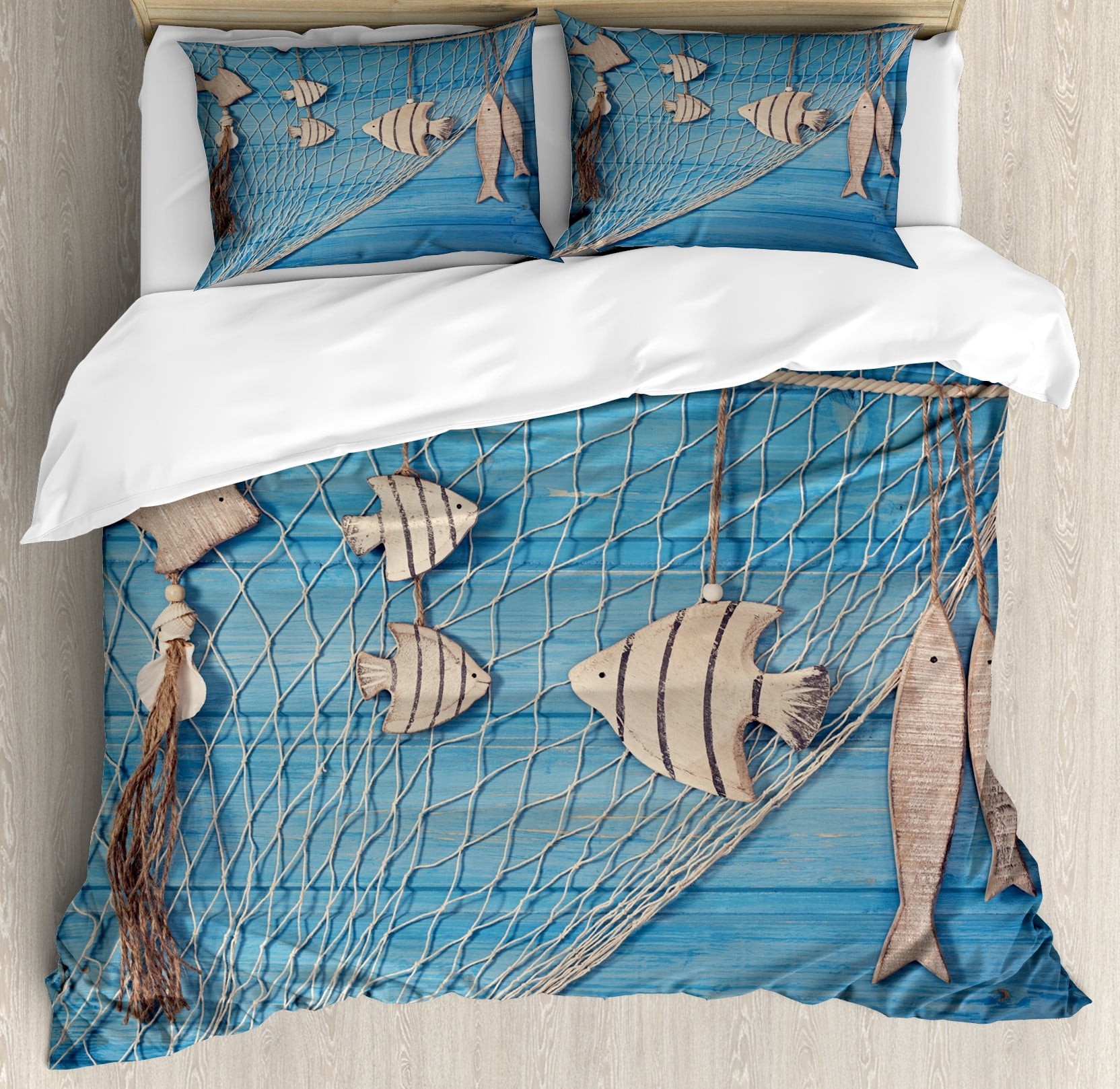 Marine Duvet Cover Set, Nautical Themed Photo of Fishing Net and Hanged ...