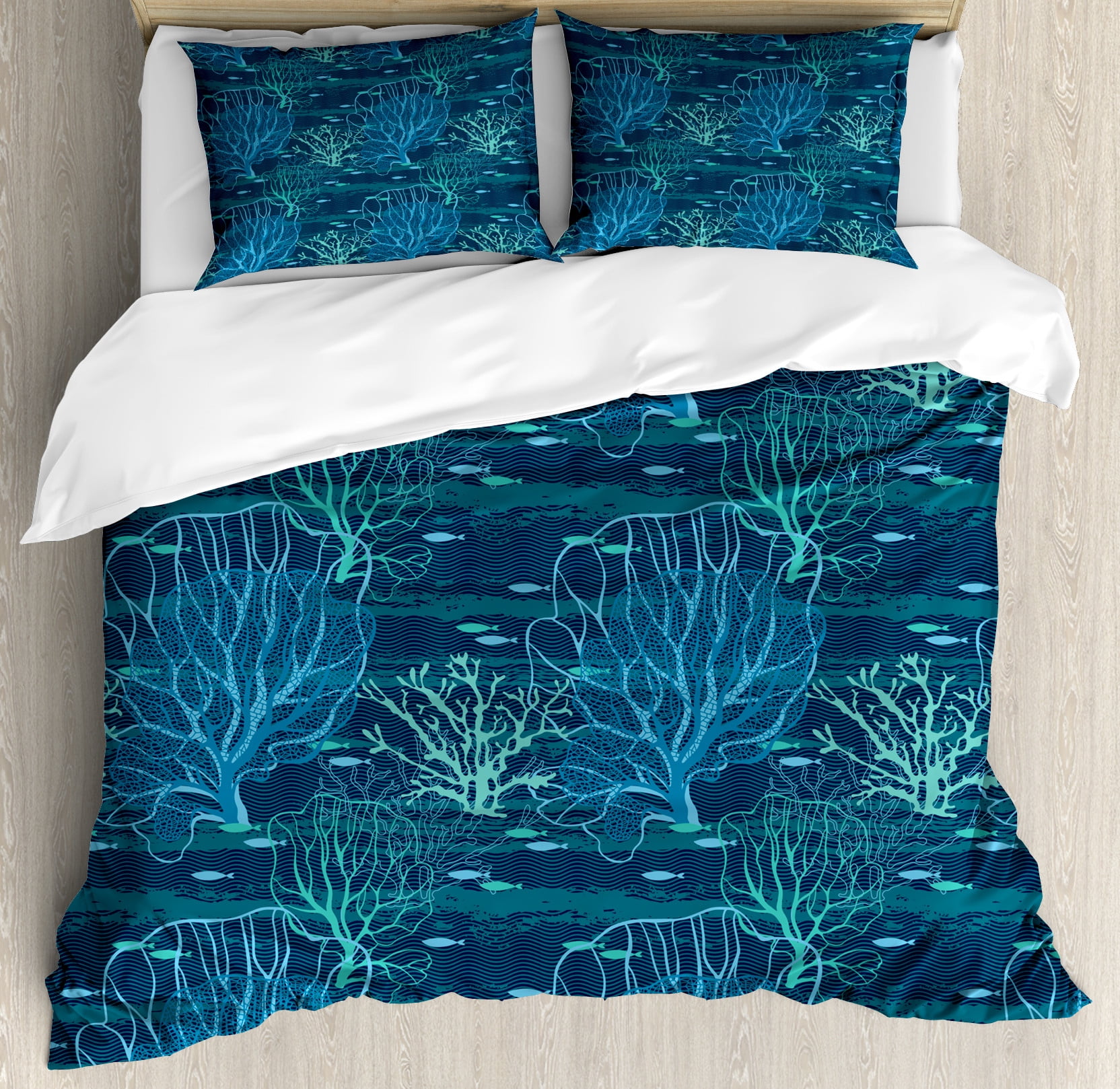 Marine Duvet Cover Set, Ocean Sea Plants Coral Reef Botany Underwater ...