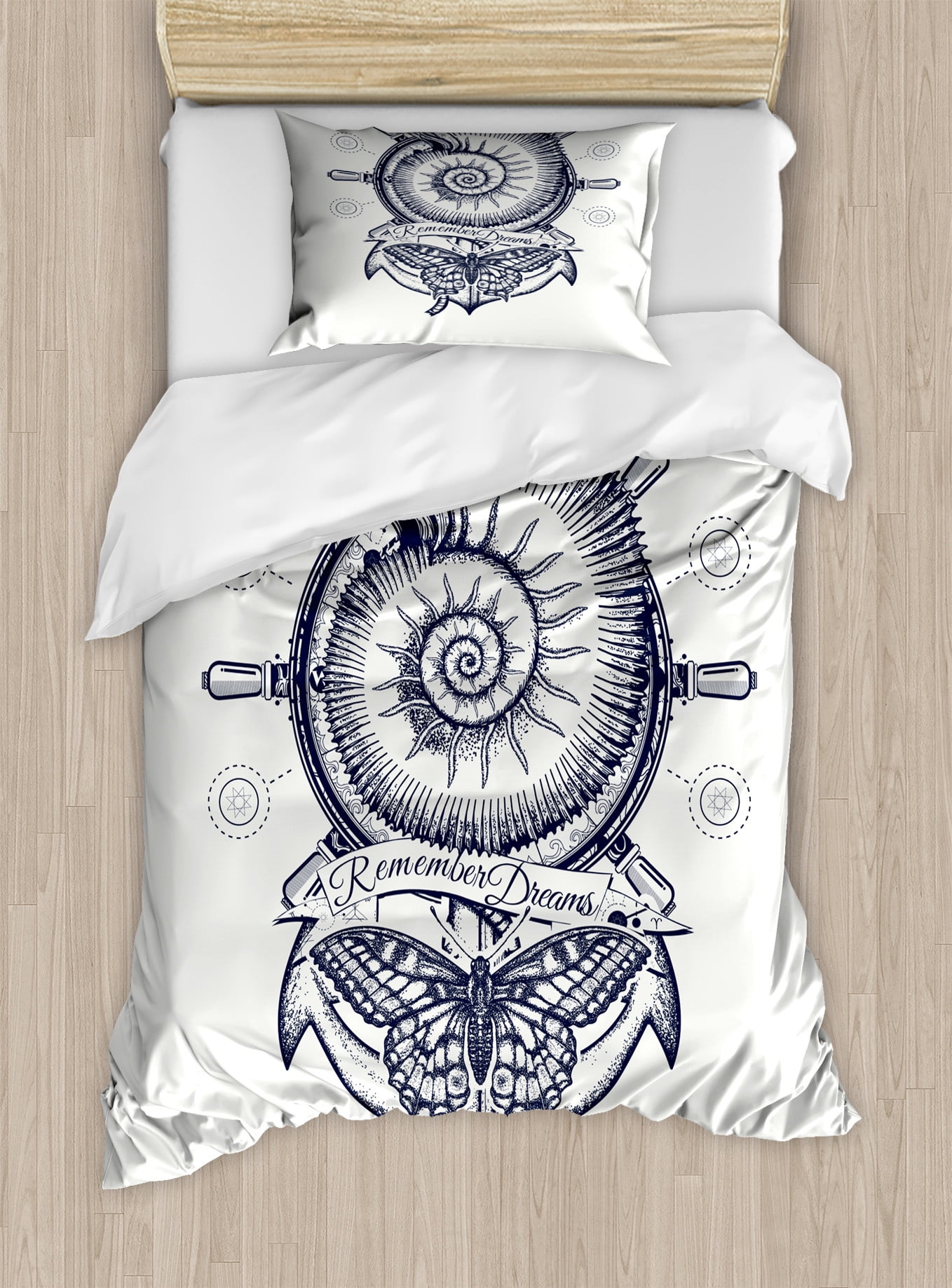 Marine Duvet Cover Set, Sea Shell Anchor Wheel and Butterfly Motif with ...