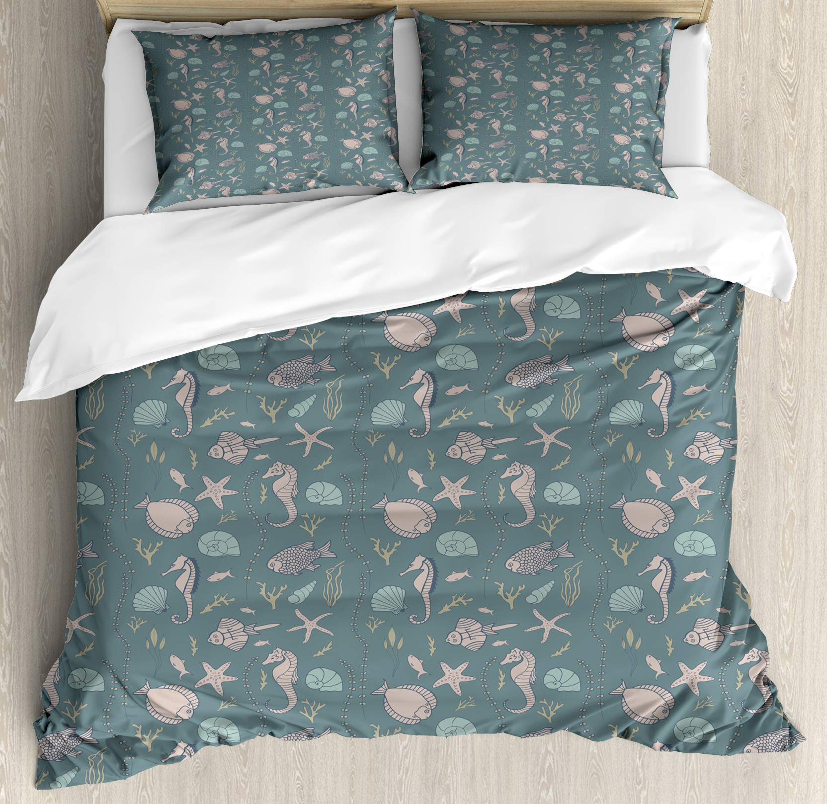 Marine Duvet Cover Set, Underwater Creatures with Seahorse Anemone ...