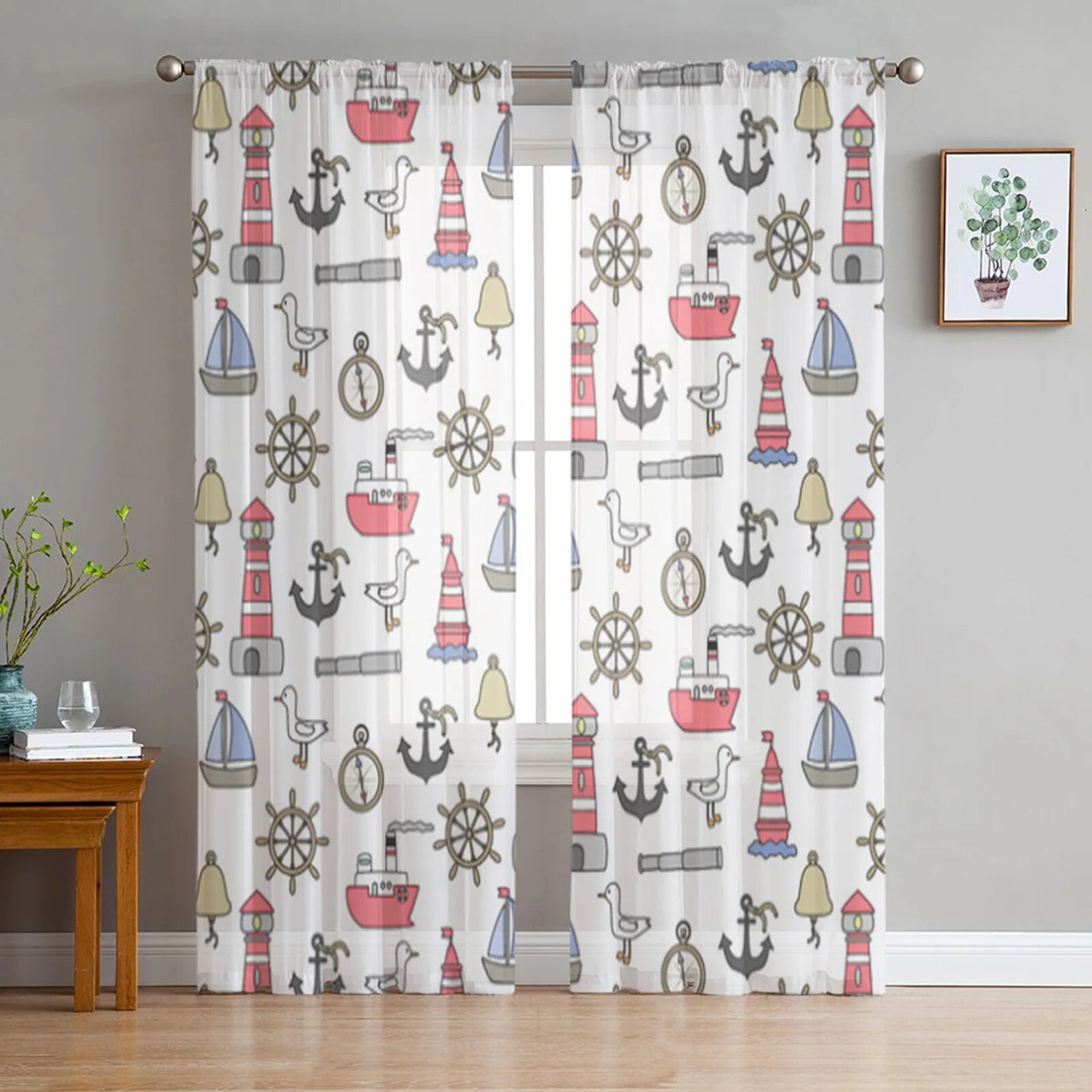 Marine Element Anchor Lighthouse Sheer Window Curtains for Living Room ...