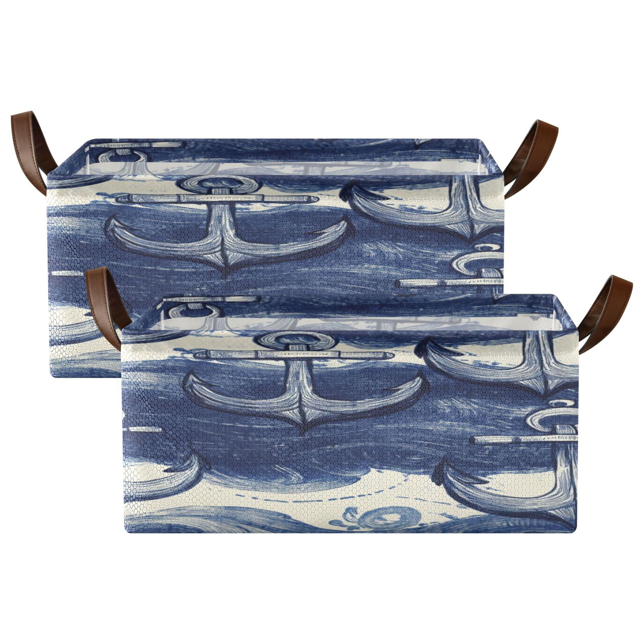 Marine Elements Pattern Shelf Baskets Set of 2 Foldable Metal Frame ...