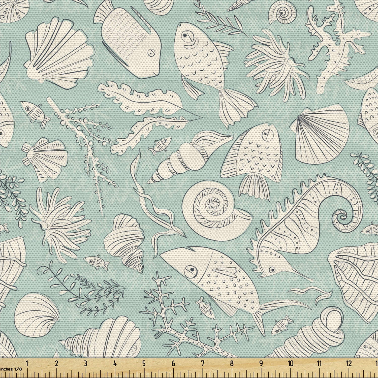 Marine Fabric by the Yard, Hand-Drawn Fish Seaweeds Seahorse Algae ...
