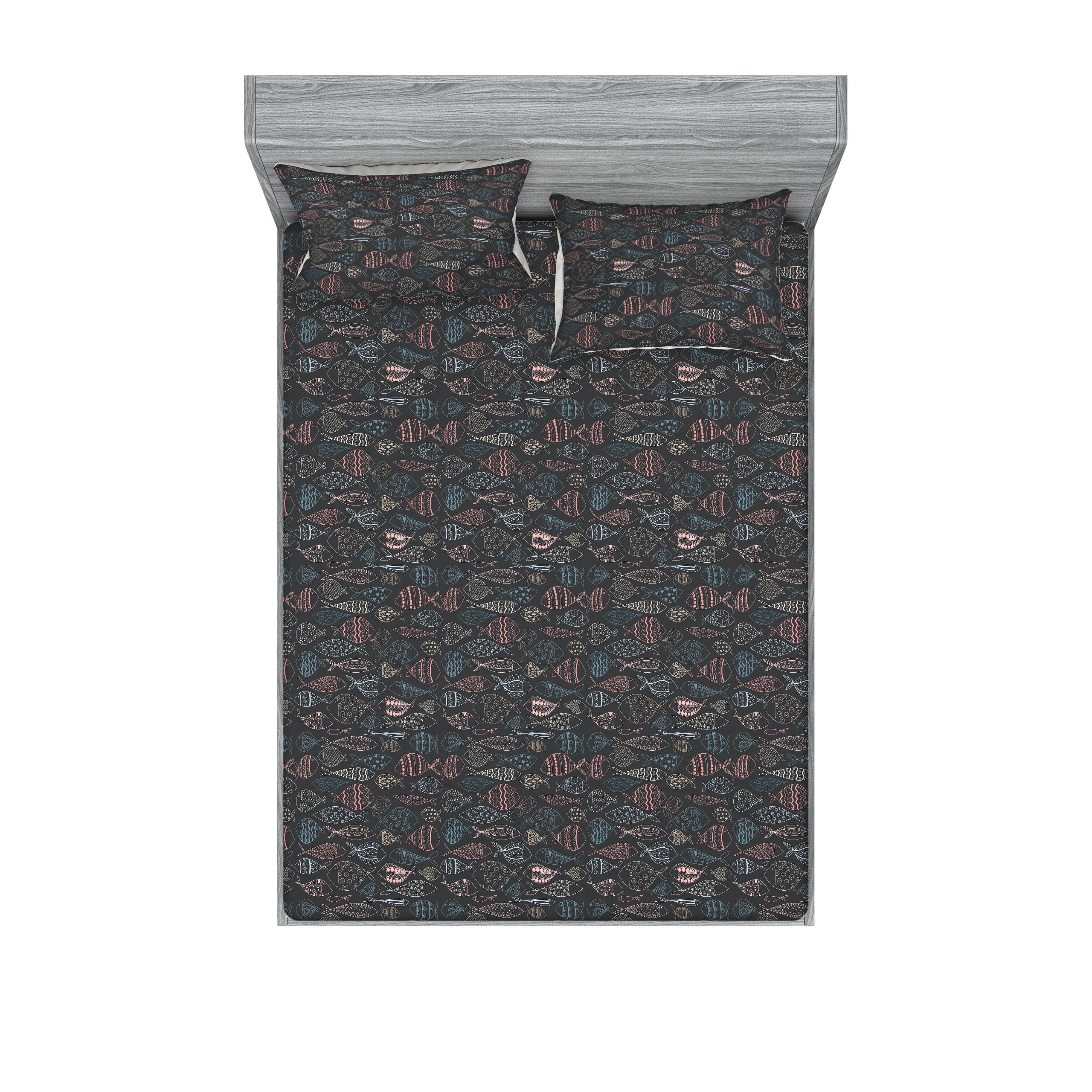Marine Fitted Sheet & Pillow Sham Set, Outline Drawing Fish Print Ocean ...
