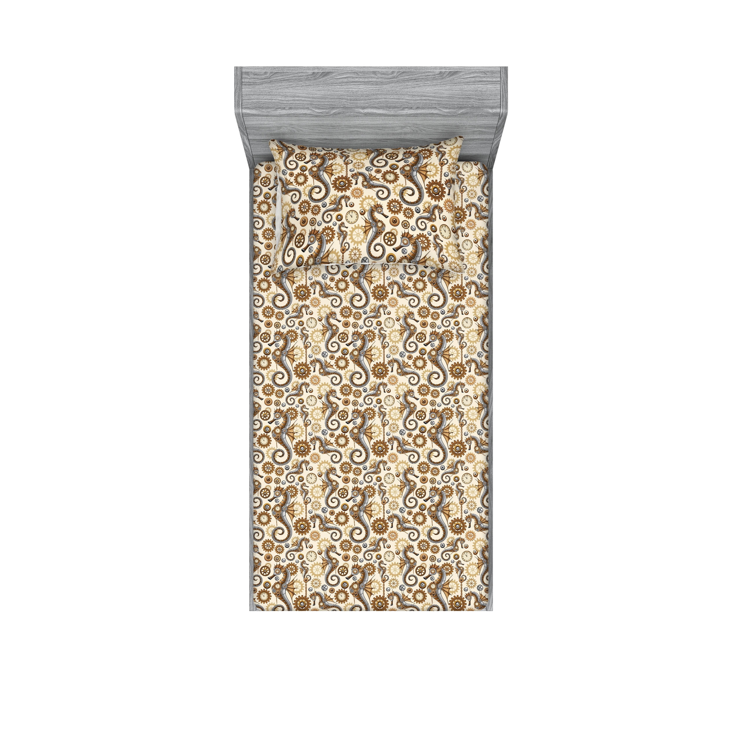 Marine Fitted Sheet & Pillow Sham Set, Steampunk Style Seahorse Robot ...