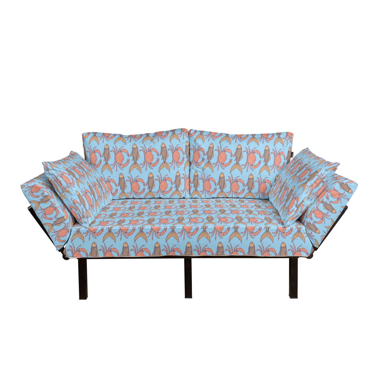 Marine Futon Couch, Crab and Fish Pattern in Sketch Style Nautical Art ...