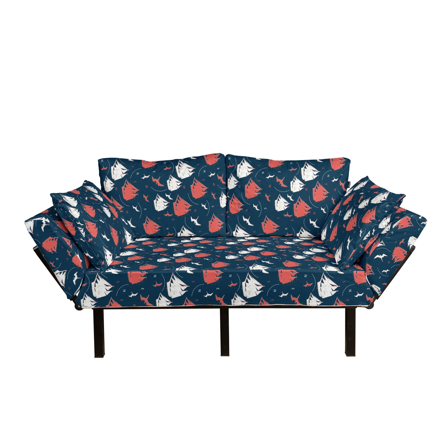 Marine Futon Couch, Nautical Pattern with Grunge Sailboats Flying Birds ...
