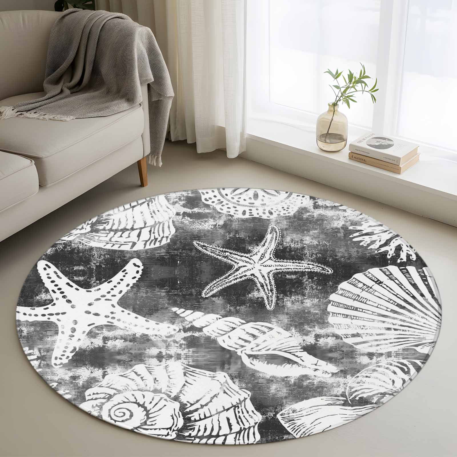 Marine Life 3FT Round Area Rugs Grey Black Sea Starfish Shells Conch ...