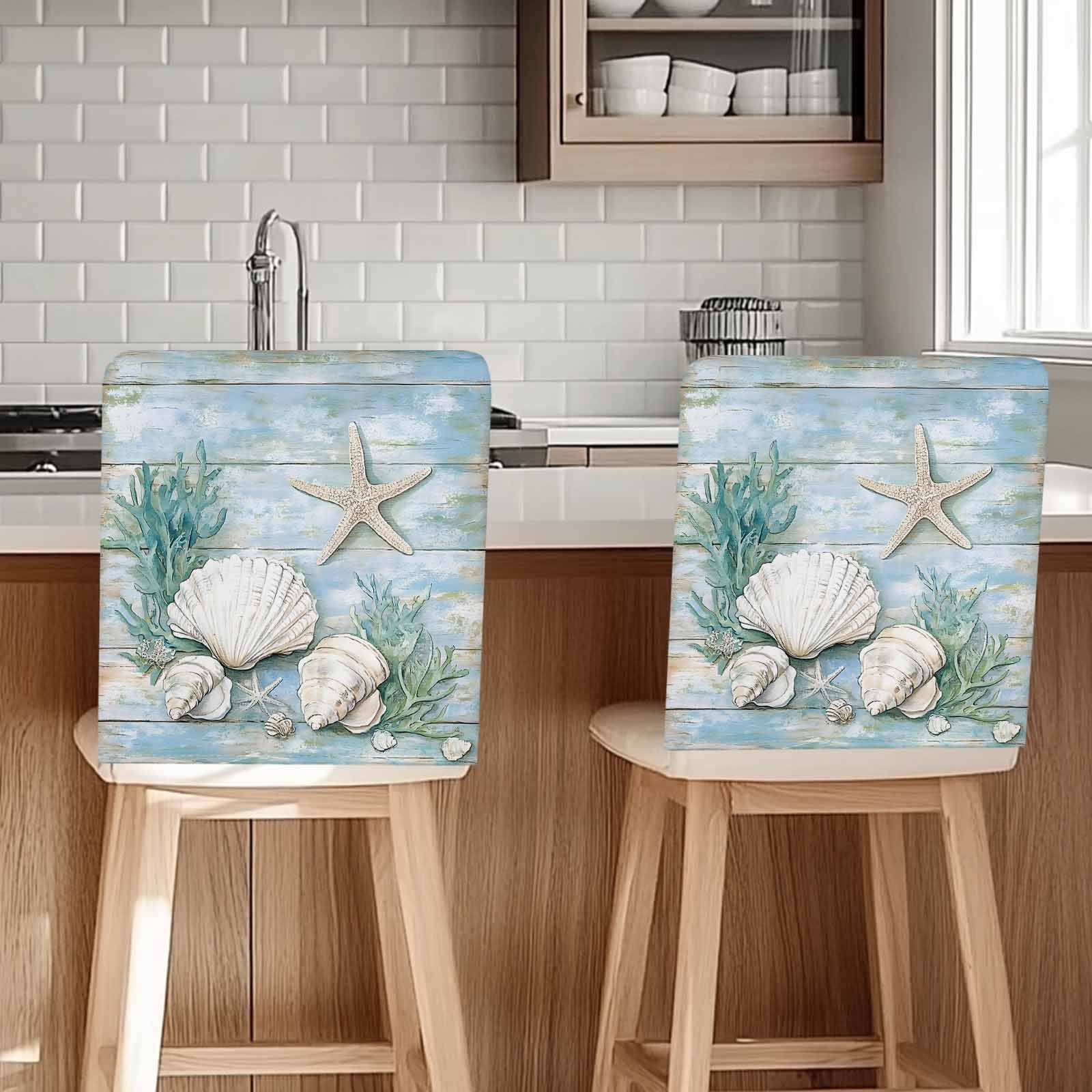 Marine Life Chair Covers Set of 6 Coral Starfish Blue Wood Grain Chair ...
