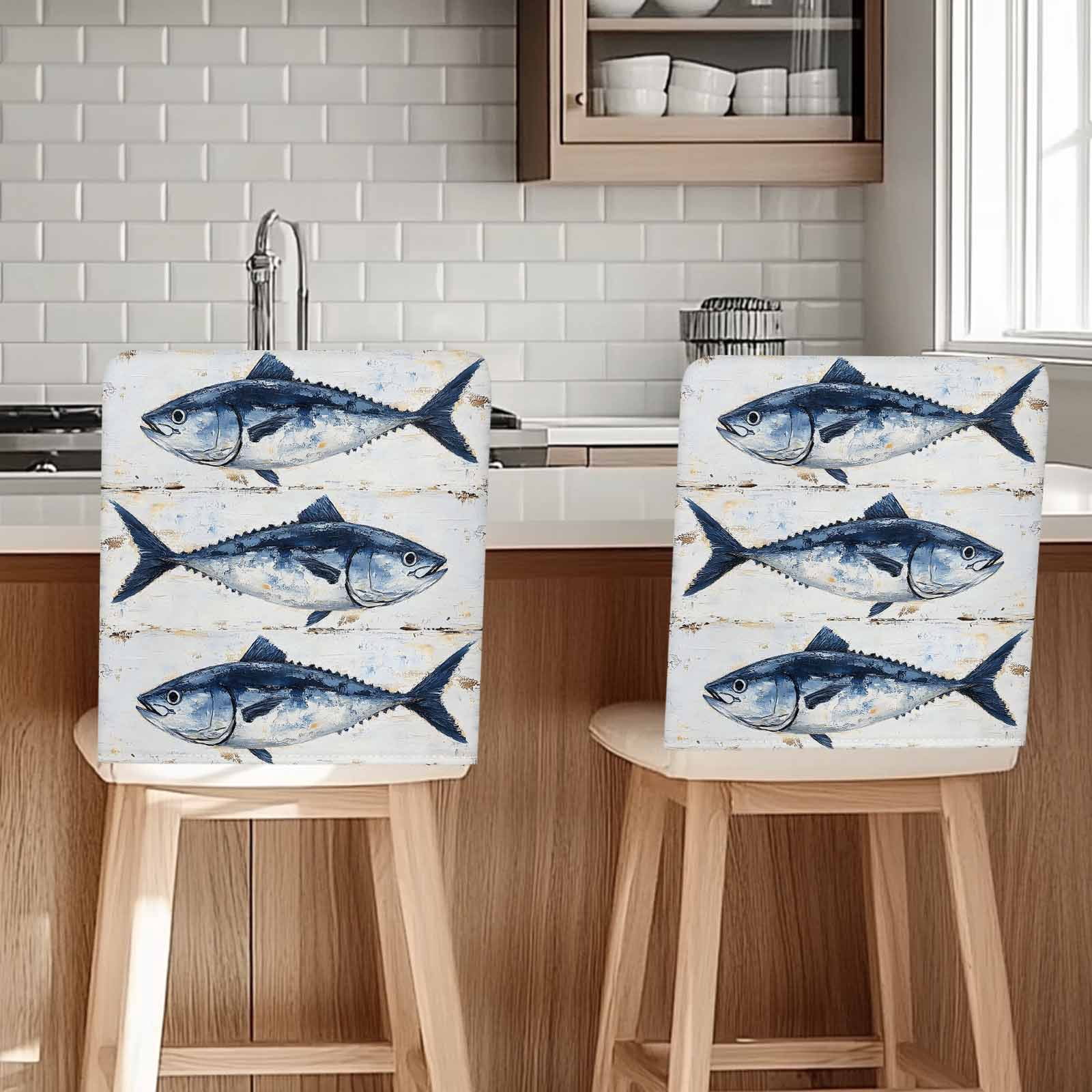 Marine Life Chair Covers Set of 6 Vintage Blue Tuna Oil Painting Wood ...