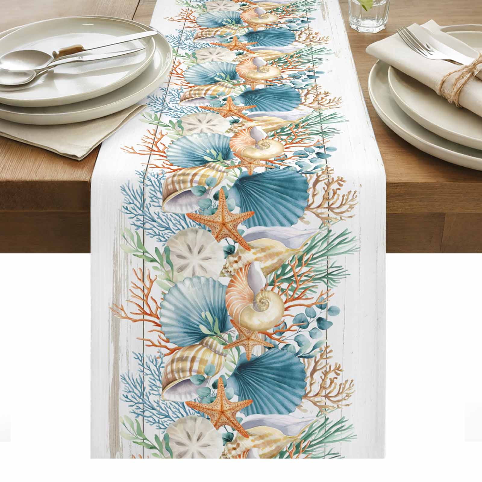 Marine Life Cotton Linen Table Runner Blue Shell Coral Starfish ...
