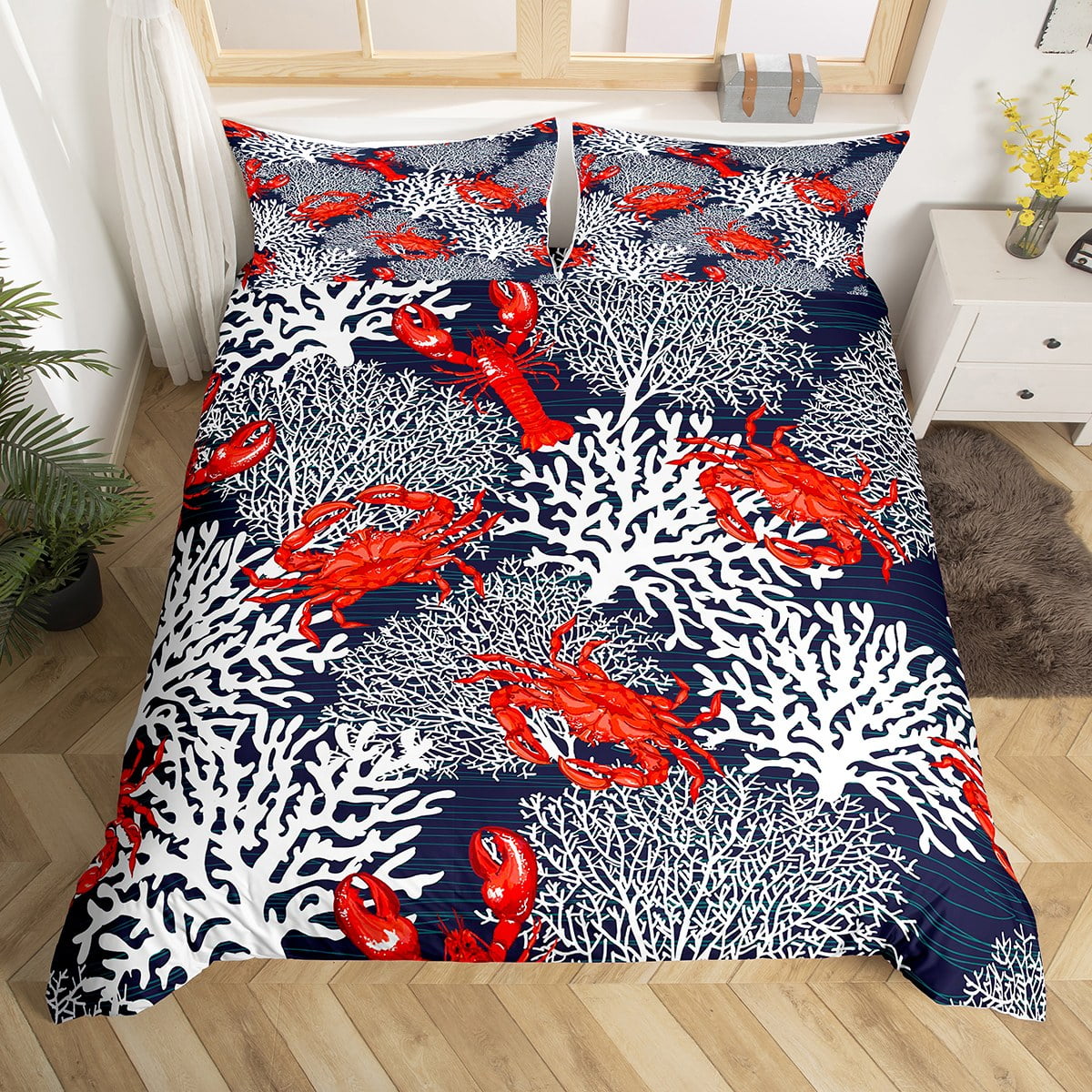 Marine Life Duvet Cover Queen Crab Lobster Corals Bedding Set For Kids ...