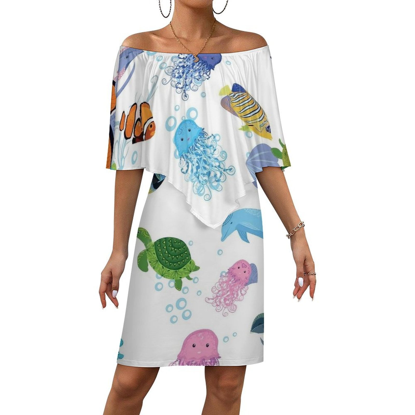 Marine Life, Fish, Animals Bright Women's Off The Shoulder Ruffles ...