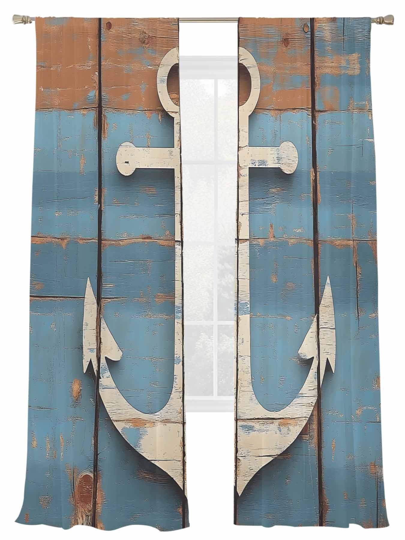 Marine Life Nautical Sheer Curtains 96 Inch Long 2 Panels, Retro Anchor ...