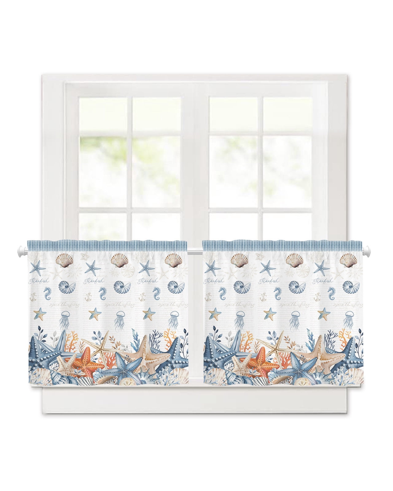 Marine Life Orange Blue Sea Stars Short Blackout Curtains 30 Inch Long ...