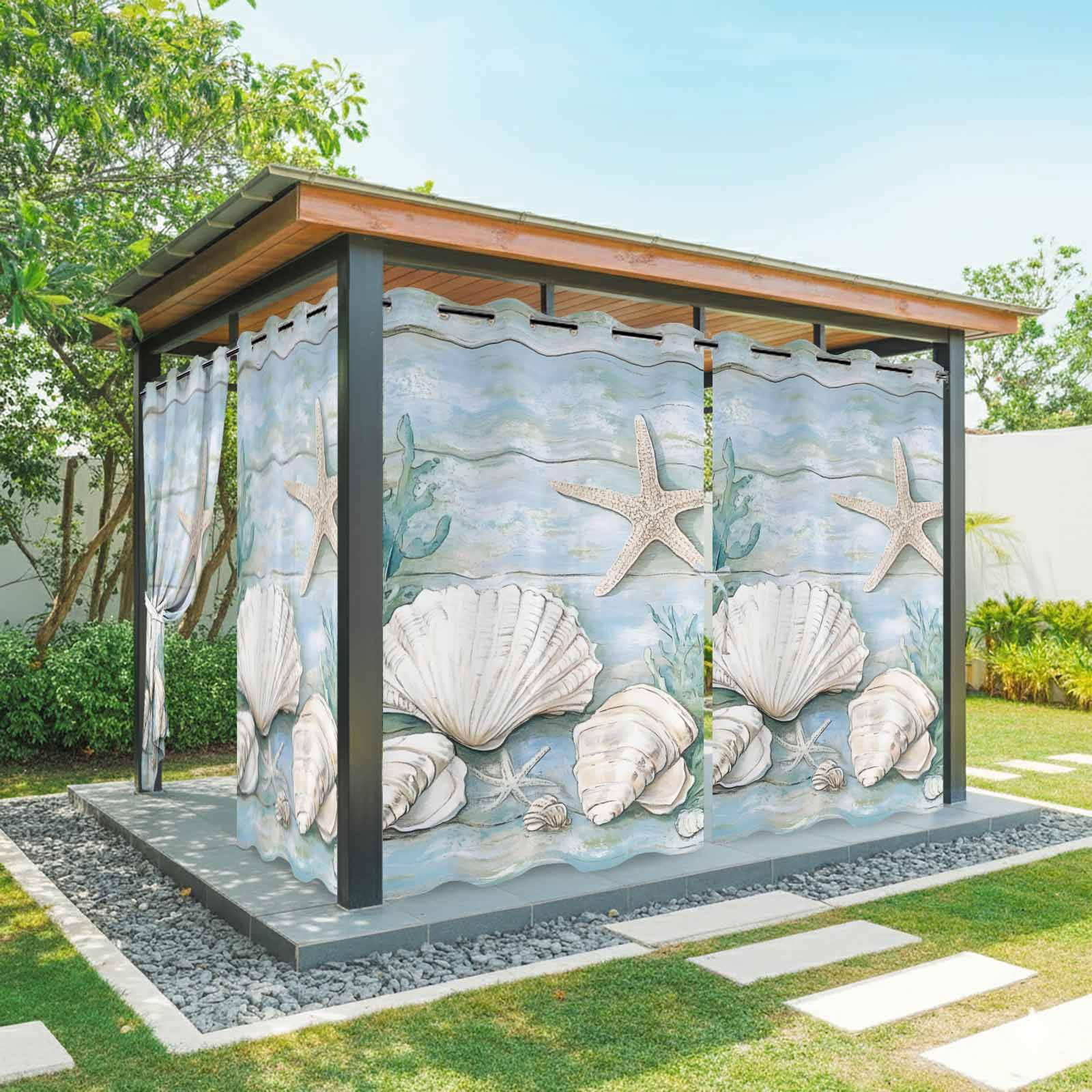 Marine Life Outdoor Curtains for Patio Waterproof, Coral Starfish Blue ...