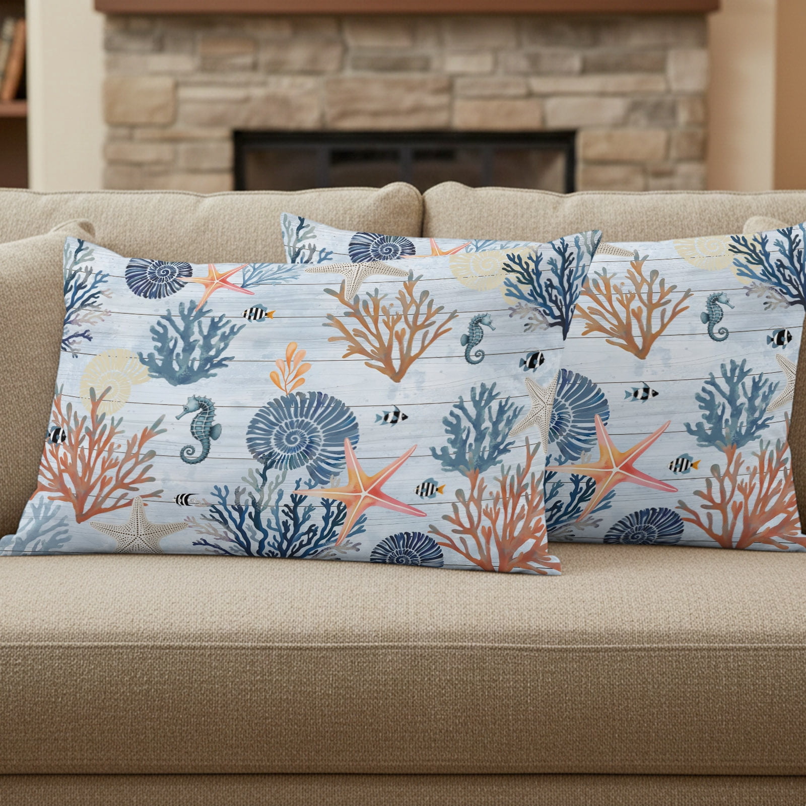 Marine Life Pillow Covers Set of 2, Watercolor Seahorse Coral Starfish ...