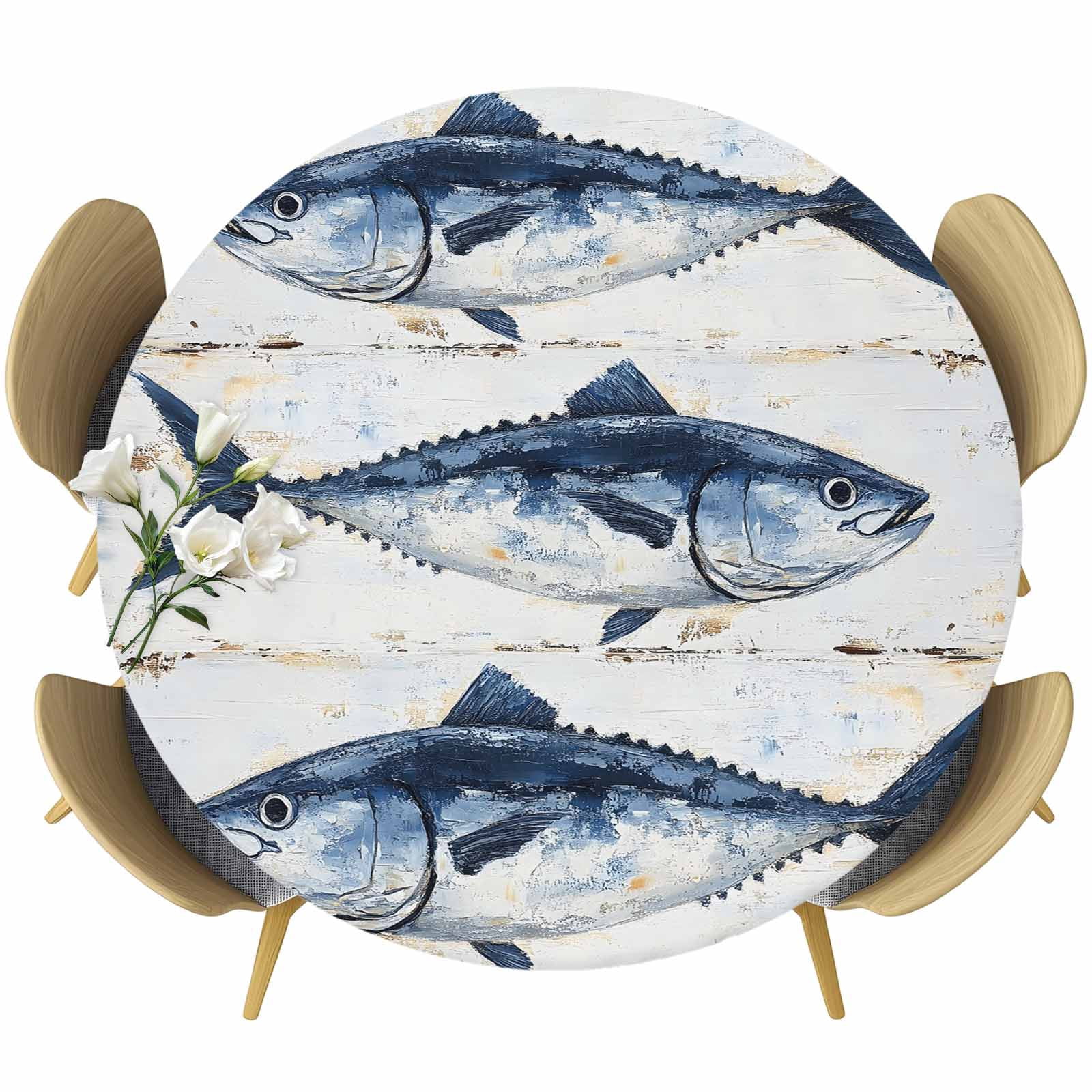 Marine Life Round Fitted Table Cover Vintage Blue Tuna Oil Painting ...