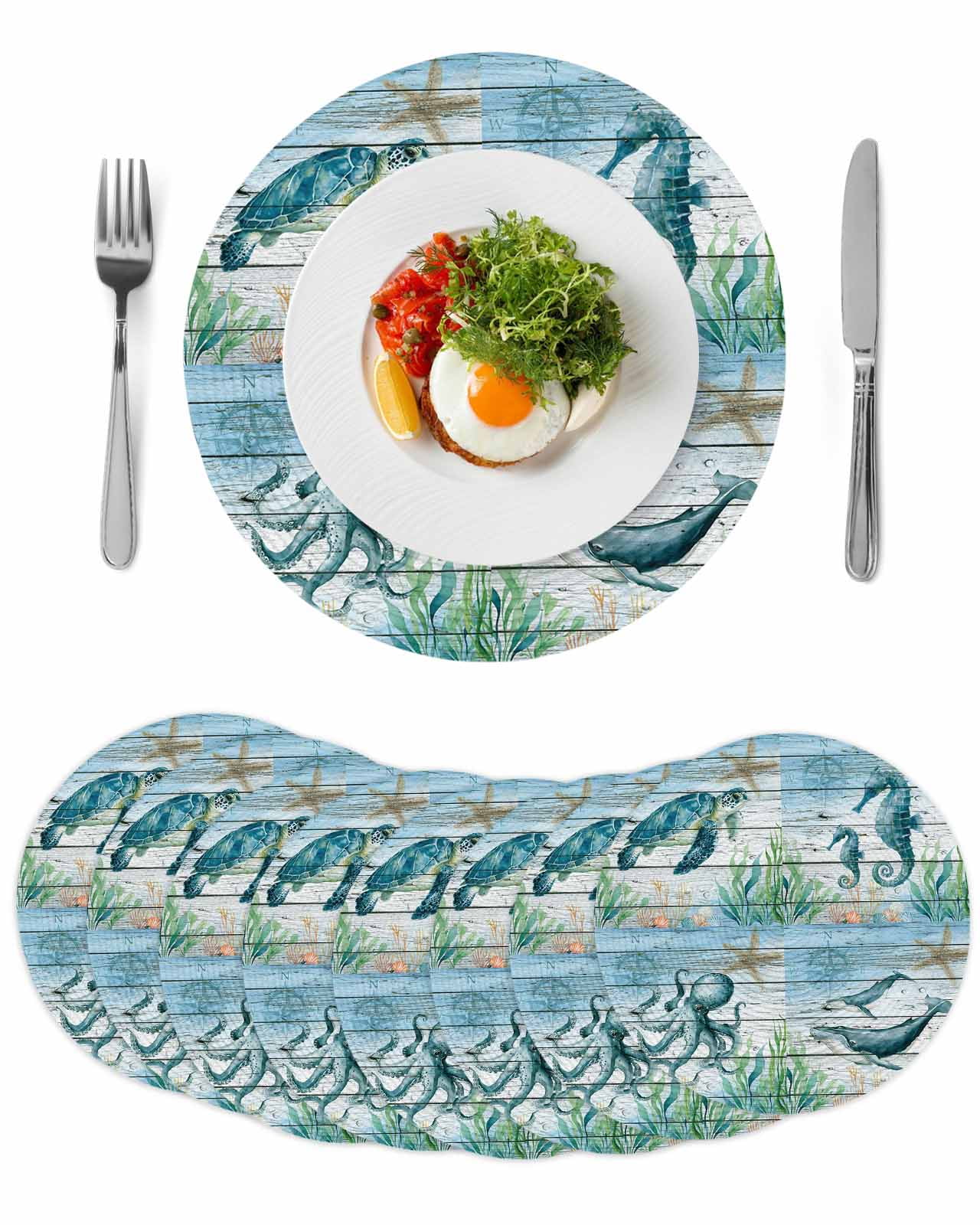 Marine Life Round Table Placemats set of 8, Turtle Octopus Whale ...