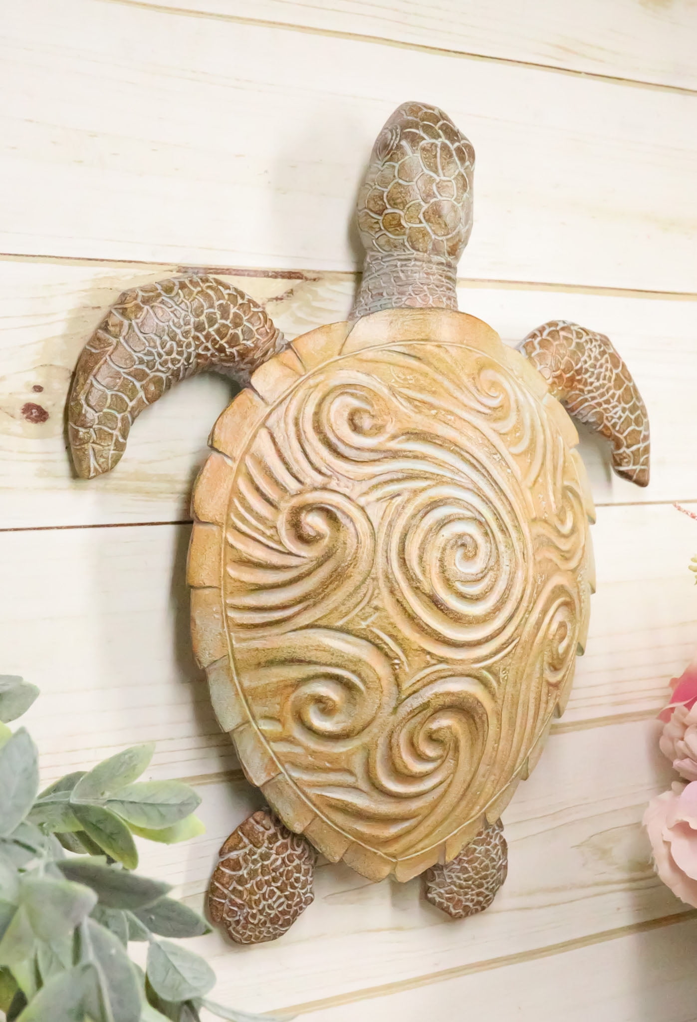 Marine Life Sand Colored Sea Turtle With Ocean Wave Swirls Shell Wall ...