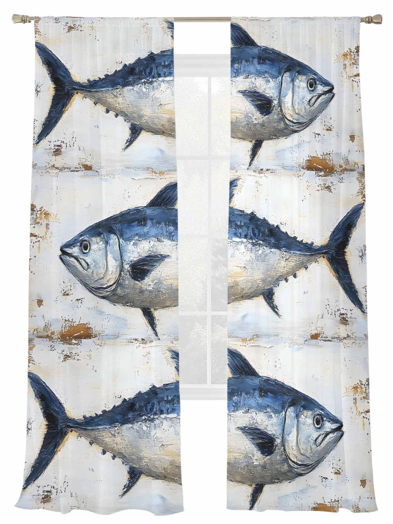 Marine Life Sheer Curtains 108 Inch Long 2 Panels, Retro Blue Tuna Oil ...