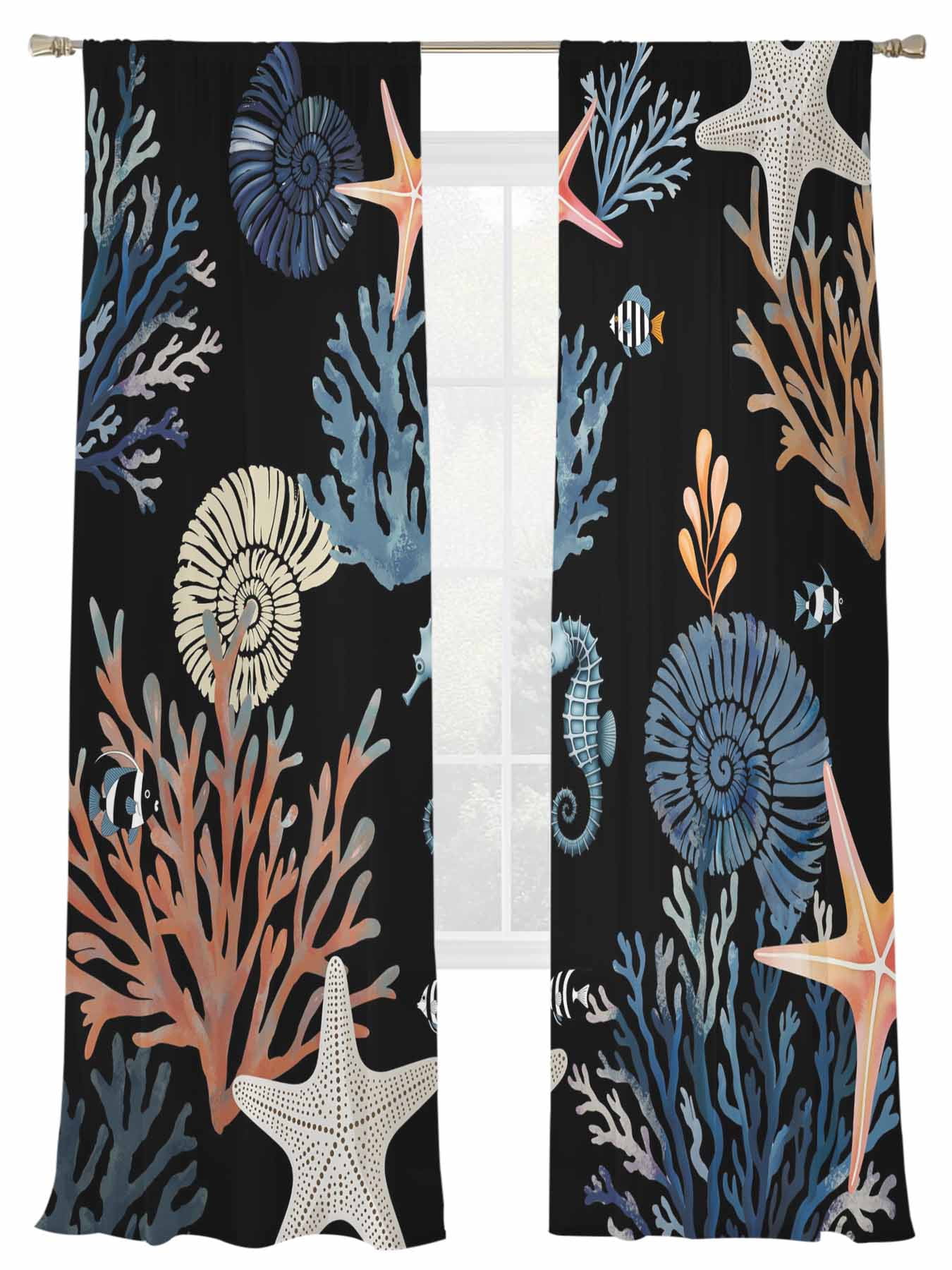 Marine Life Sheer Curtains 108 Inch Long 2 Panels, Watercolor Seahorse ...
