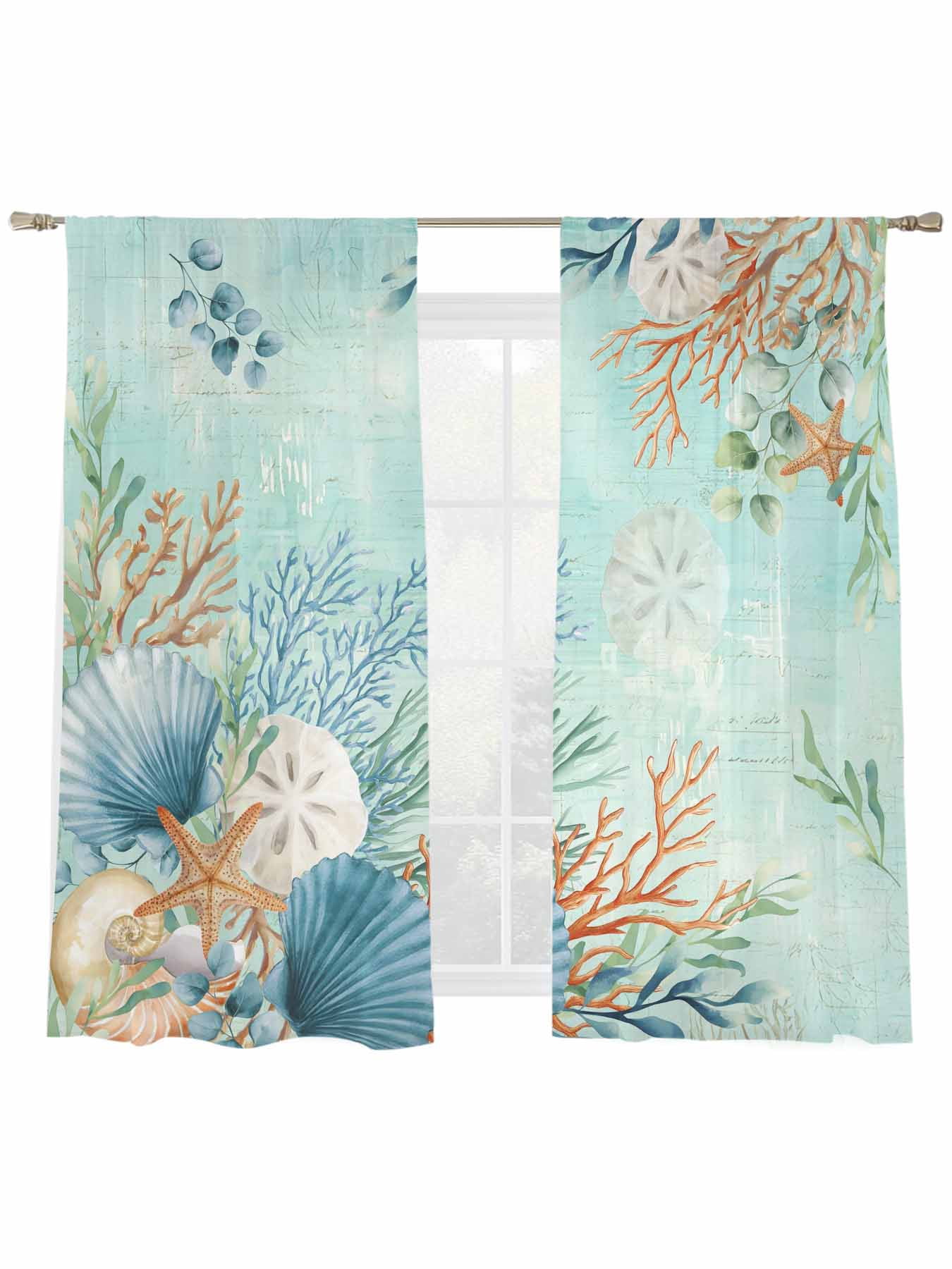 Marine Life Sheer Curtains 2 Panels Set Blue Shell Coral Eucalyptus ...