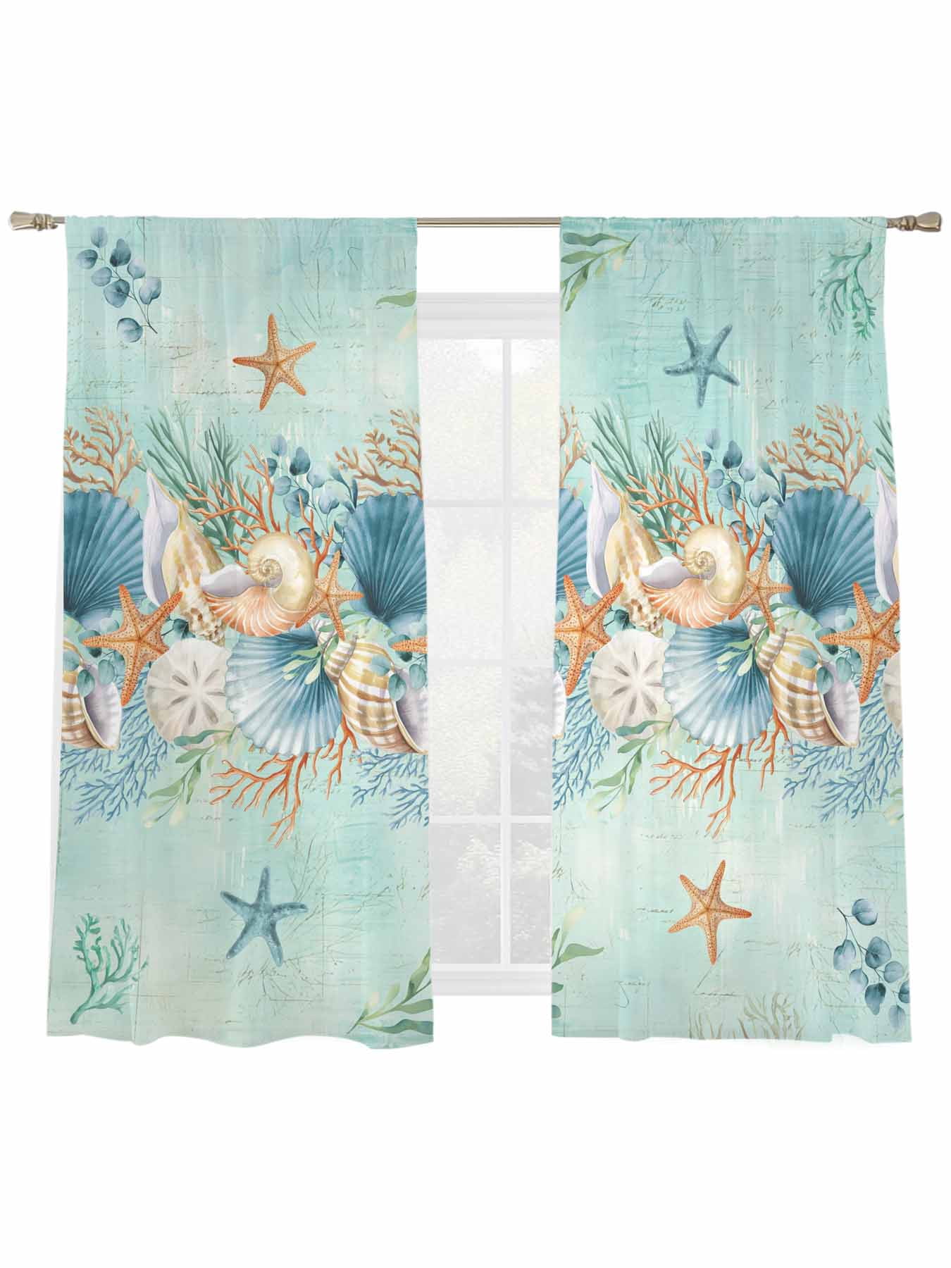 Marine Life Sheer Curtains 2 Panels Set Blue Shell Coral Starfish ...