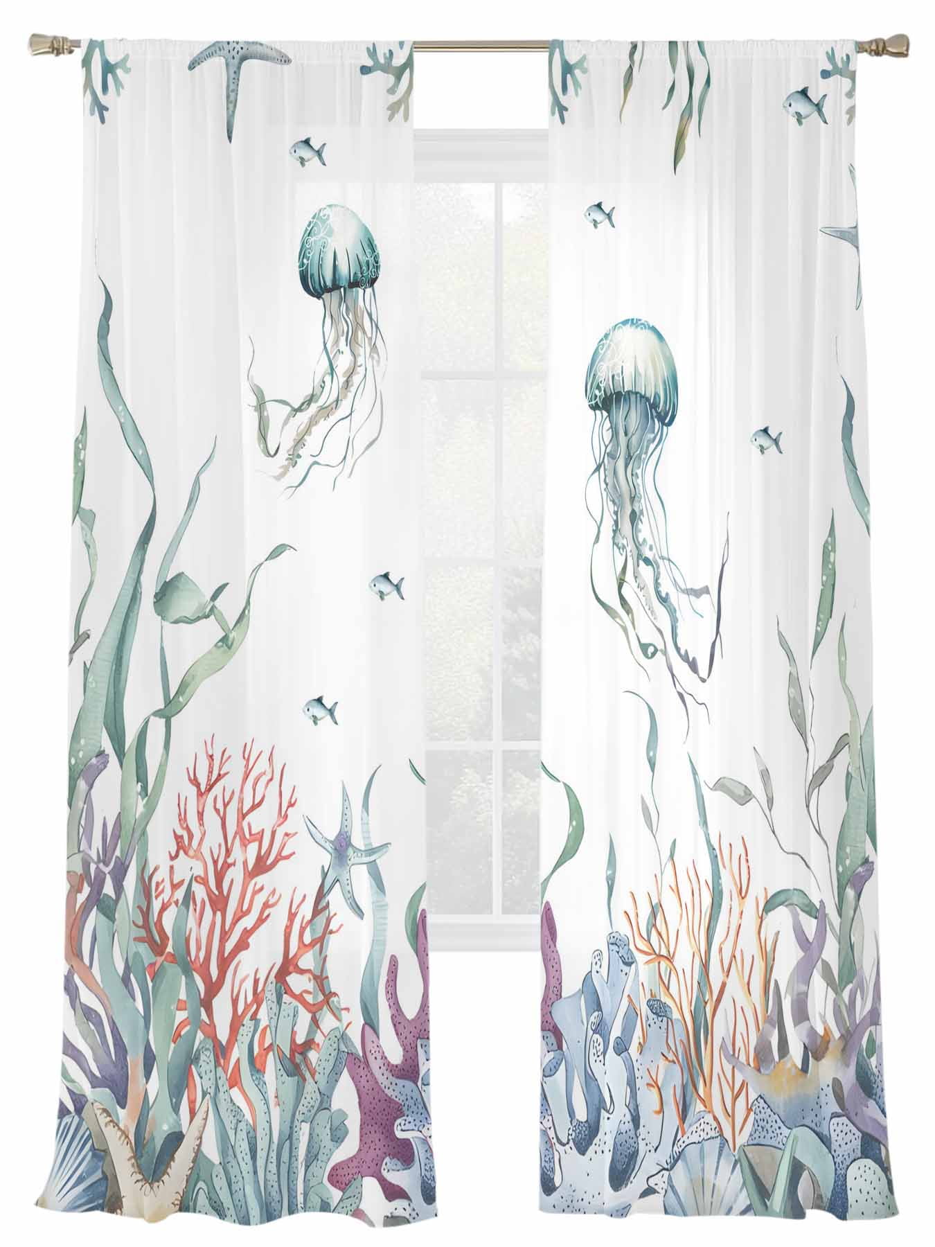 Marine Life Sheer Curtains 2 Panels Set Jellyfish Starfish Shell Corals ...