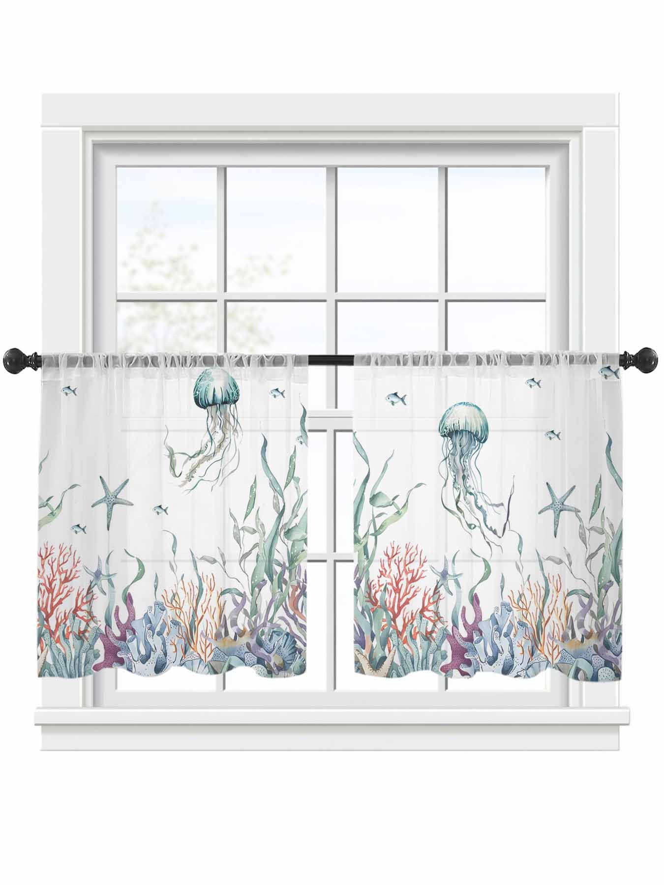 Marine Life Sheer Curtains 2 Panels Set Jellyfish Starfish Shell Corals ...