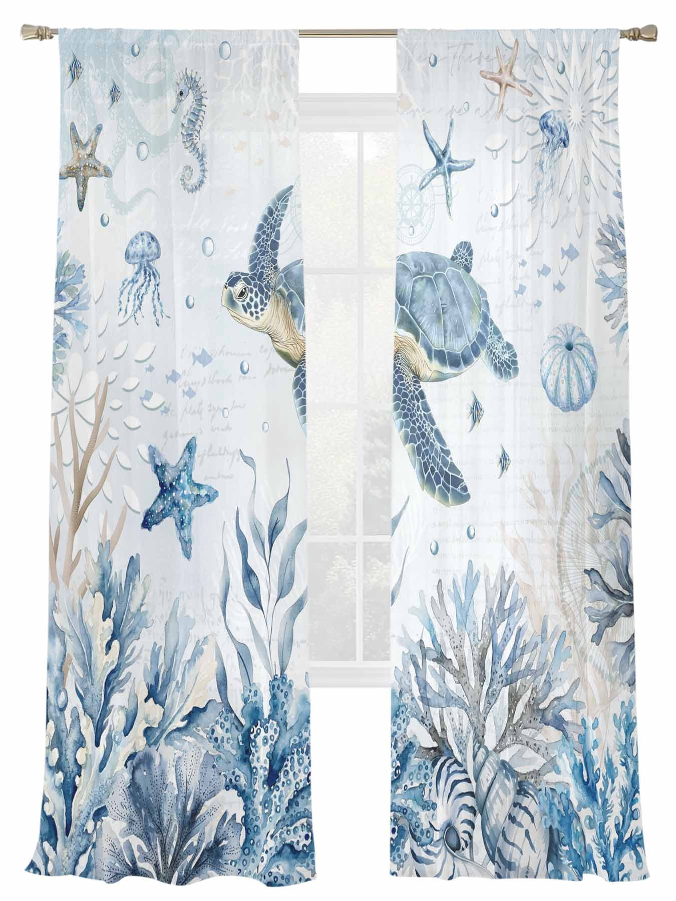 Marine Life Sheer Curtains 2 Panels Set Ocean Turtle Coral Starfish ...