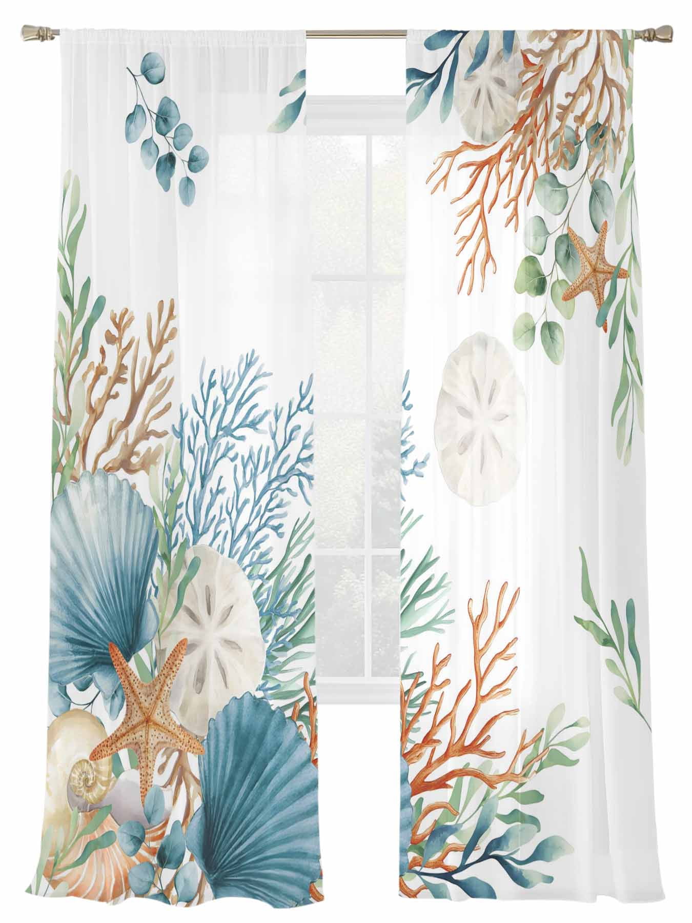 Marine Life Sheer Curtains 2 Panels Set Shell Coral Starfish Green ...