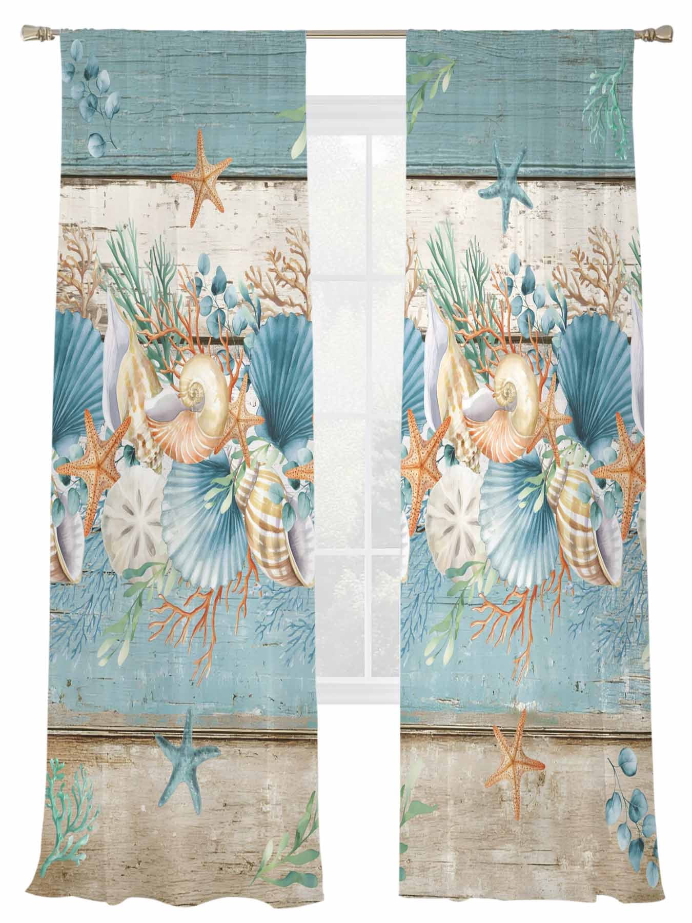 Marine Life Sheer Curtains 2 Panels Set Vintage Blue Shell Coral ...