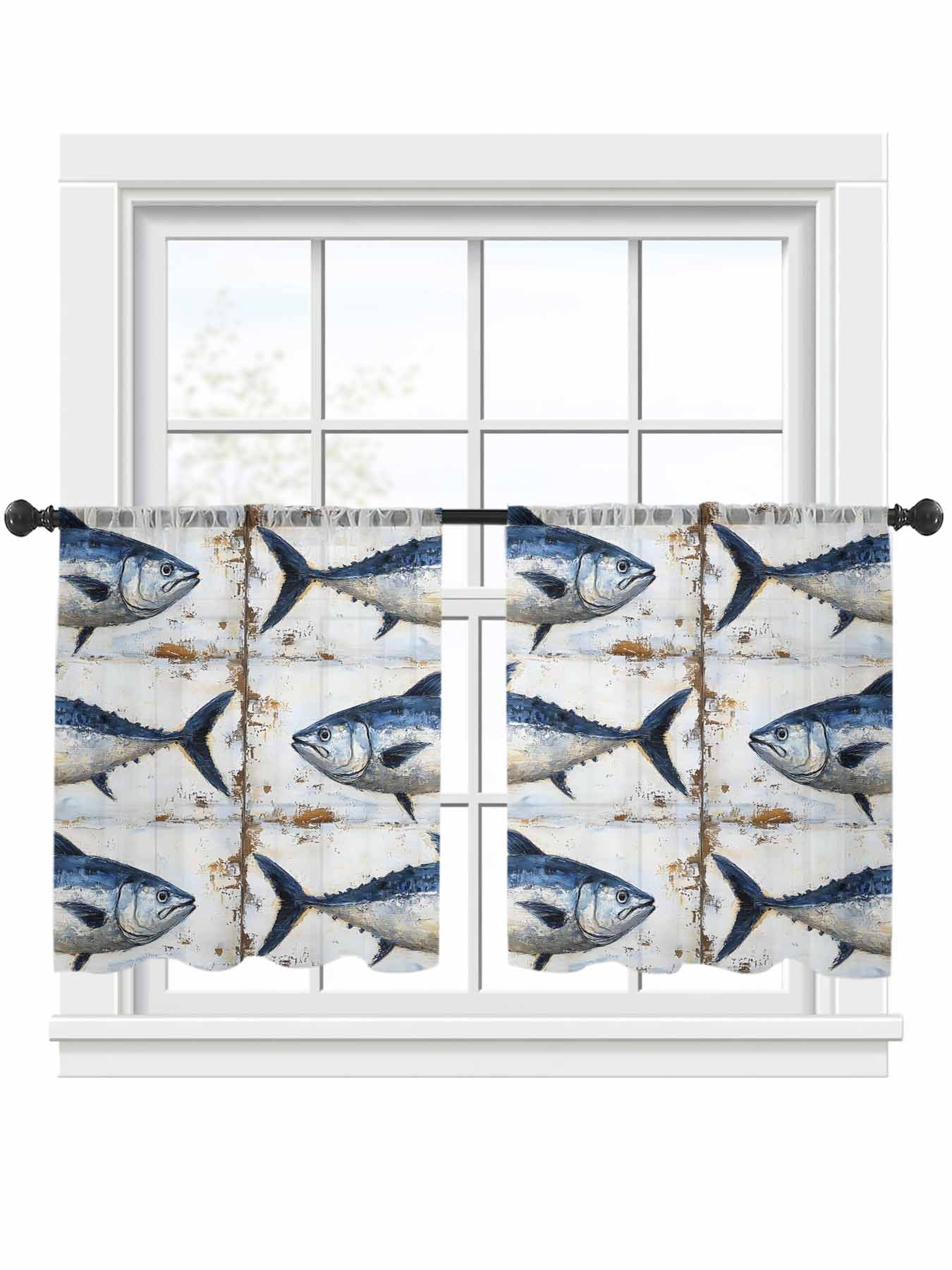 Marine Life Sheer Curtains 54 Inch Long 2 Panels, Retro Blue Tuna Oil ...