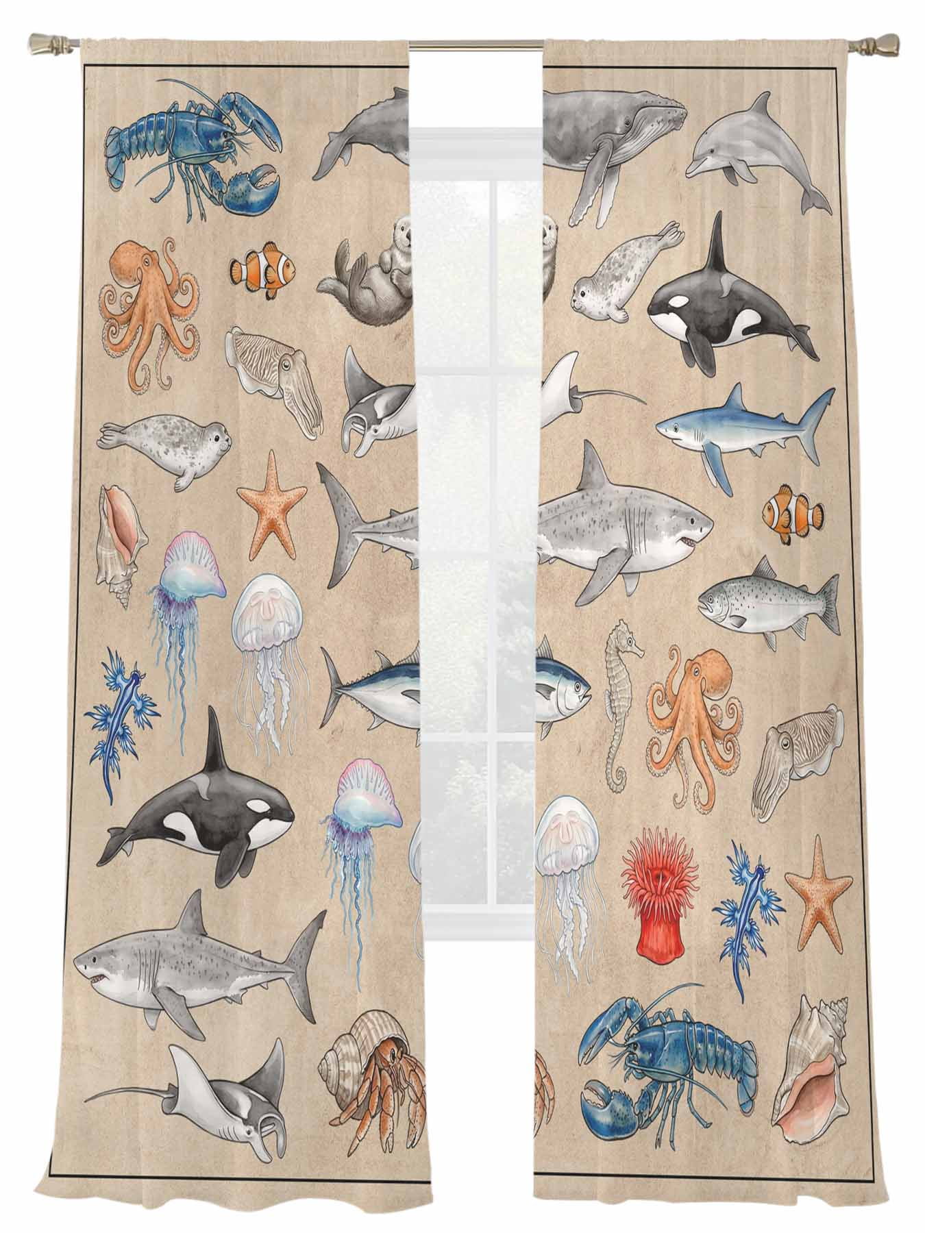 Marine Life Sheer Curtains 84 Inch Long 2 Panels, Retro Shark Whale ...