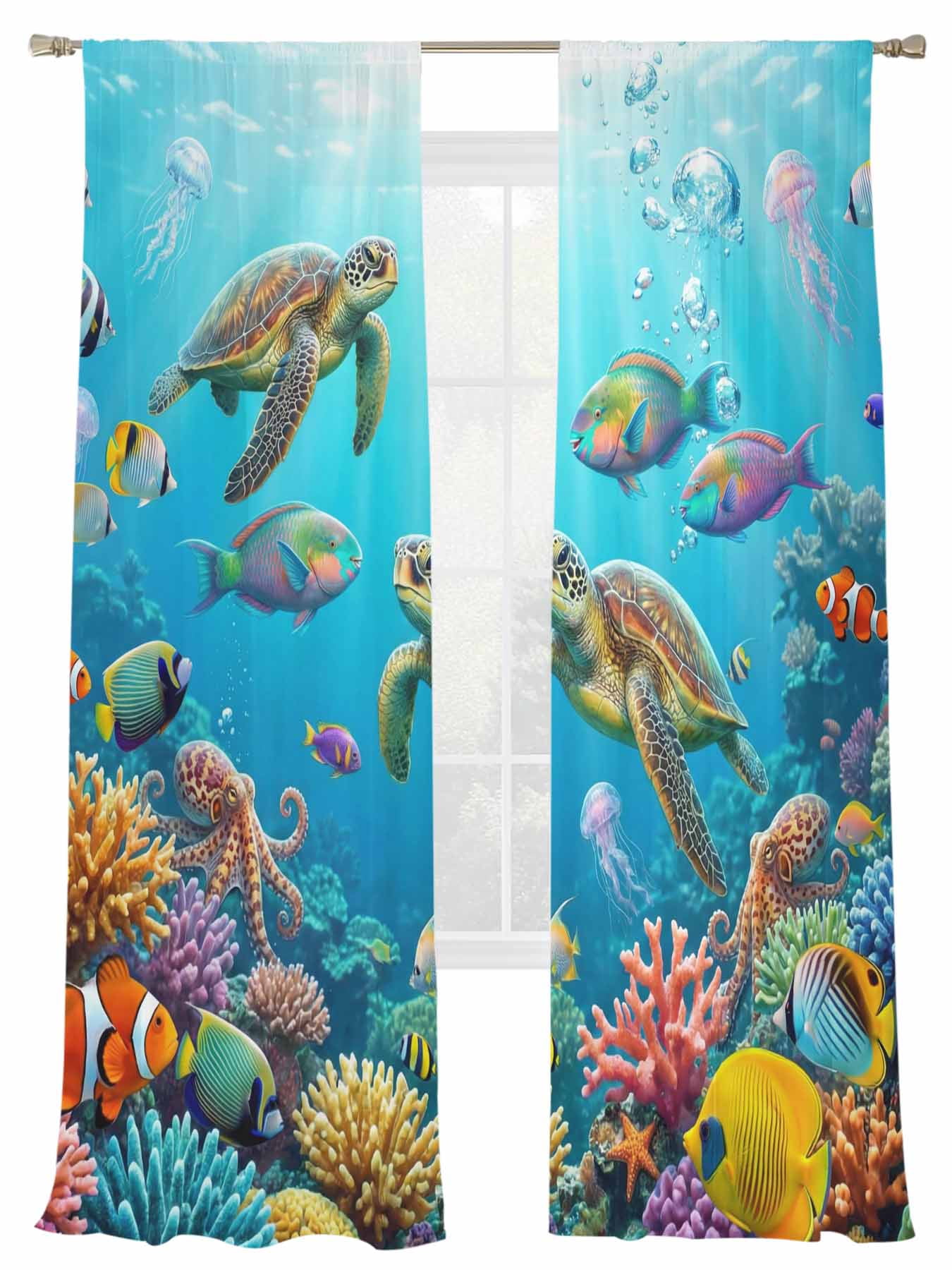 Marine Life Sheer Curtains 96 Inch Long 2 Panels, Sea Turtles Fish ...