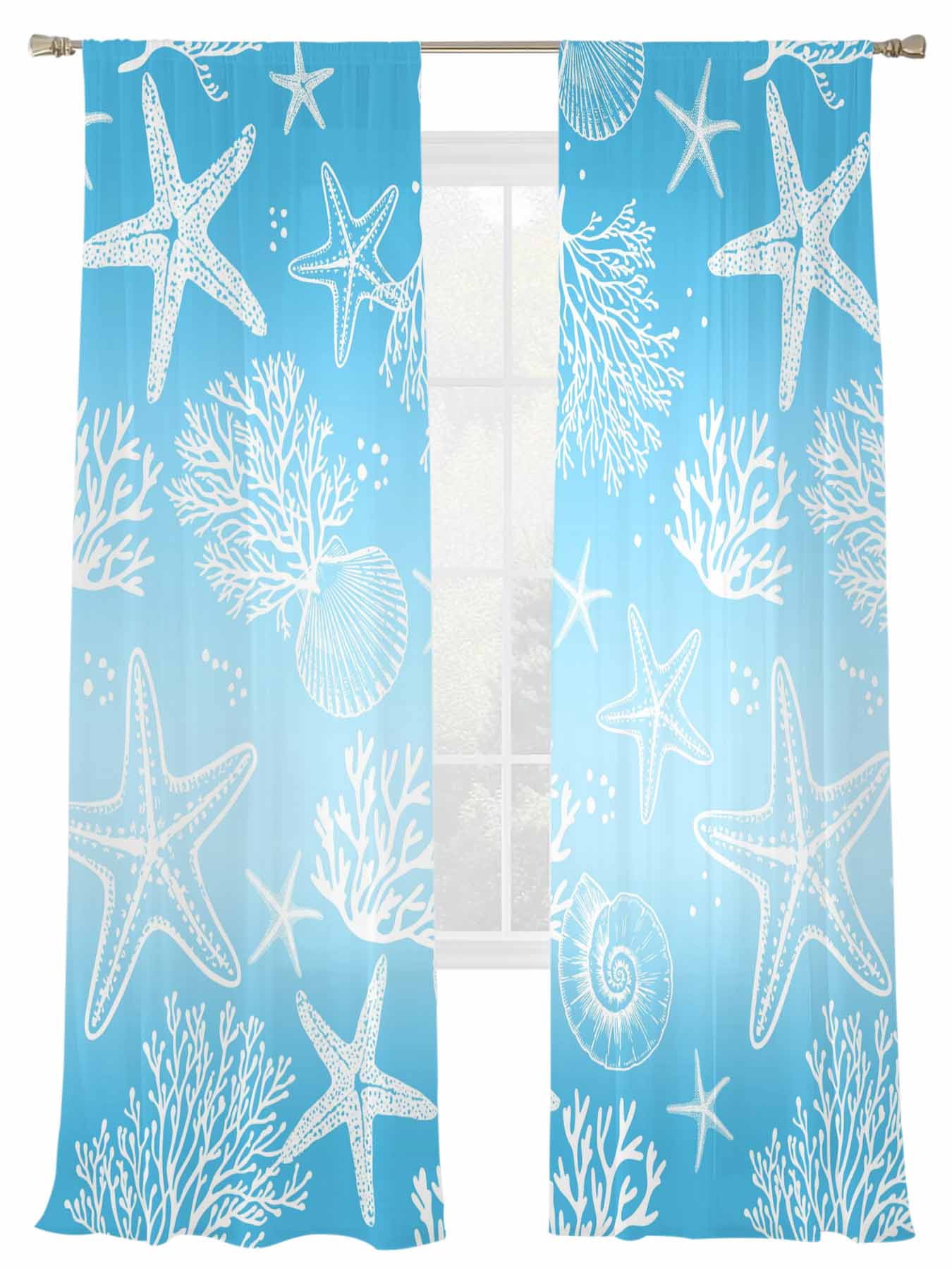 Marine Life Sheer Curtains 96 Inch Long 2 Panels, Starfish Shell Coral ...