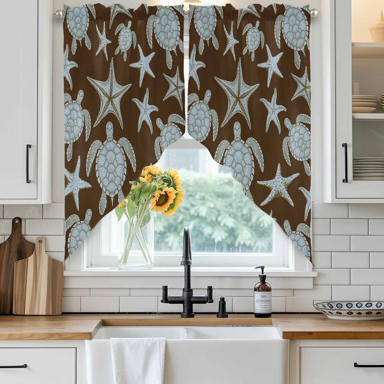 Marine Life Swag Curtain Valance for Windows, Vintage Blue Sea Turtles ...