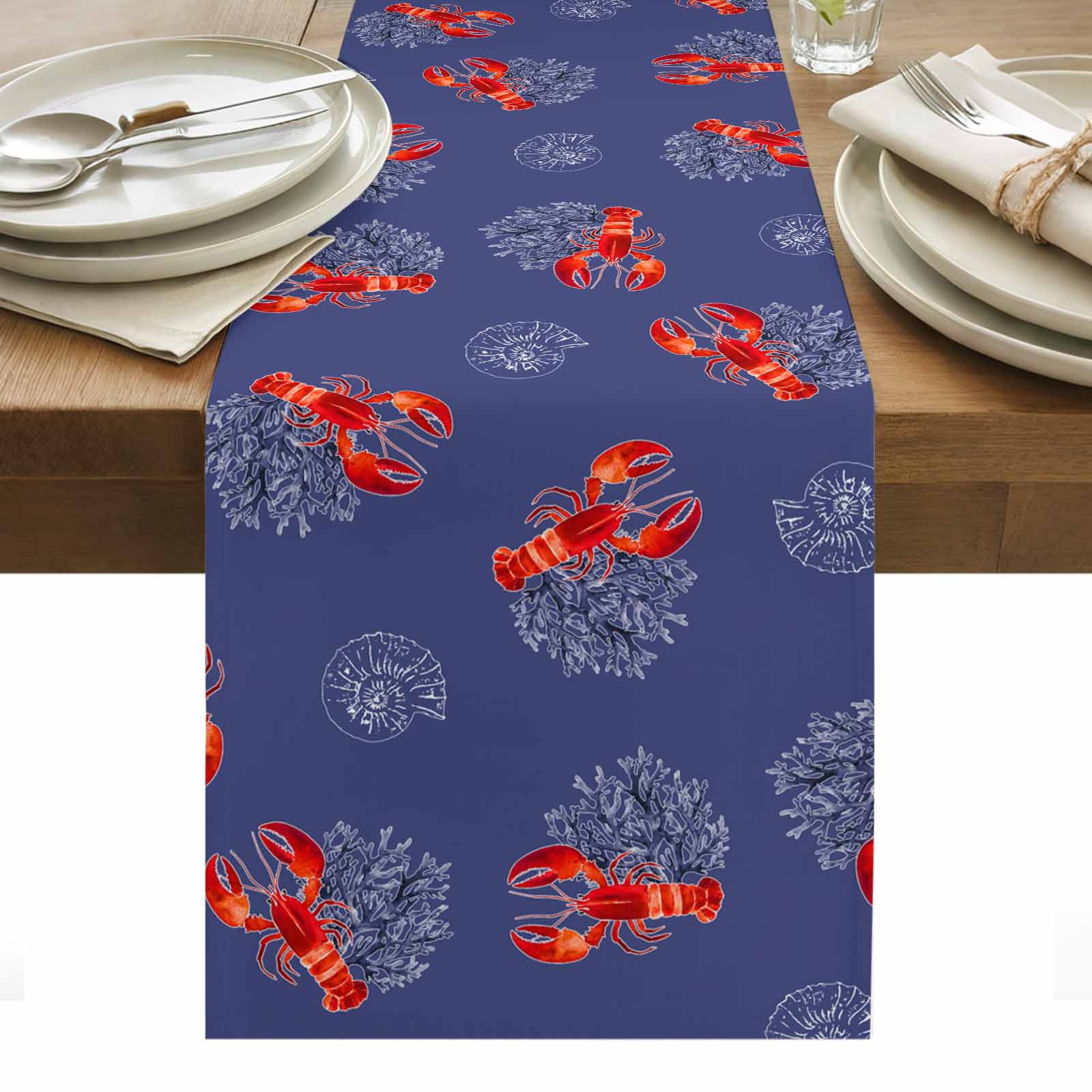 Marine Life Table Runner 13 x 72 Inch, Vintage Red Lobster Shell Coral ...