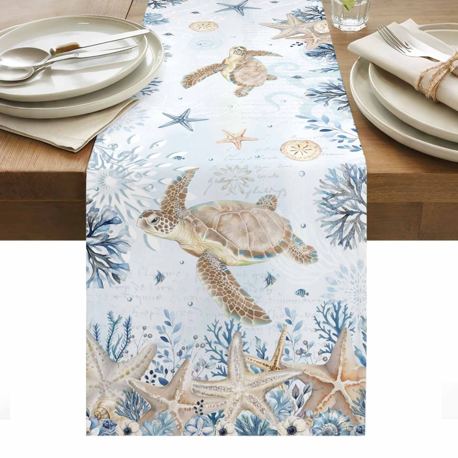 Marine Life Table Runner Blue Beige Ocean Turtle Coral Starfish ...